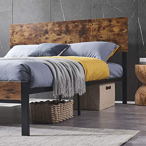 MegaChunk Queen Size Metal Platform Bed Frame with Wooden Headboard and Footboard, Easy Assembly, No Box Spring Needed, Large Under Bed Storage, Black