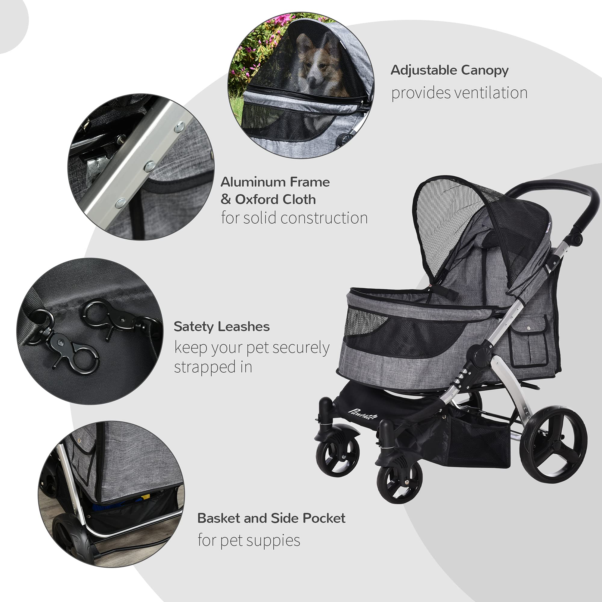 PawHut Pet Stroller Foldable Dog Cat Travel Carriage with Adjustable Handlebar PVC Wheel Brake Storage Bag Mesh Window Safety Leash Aluminum Grey