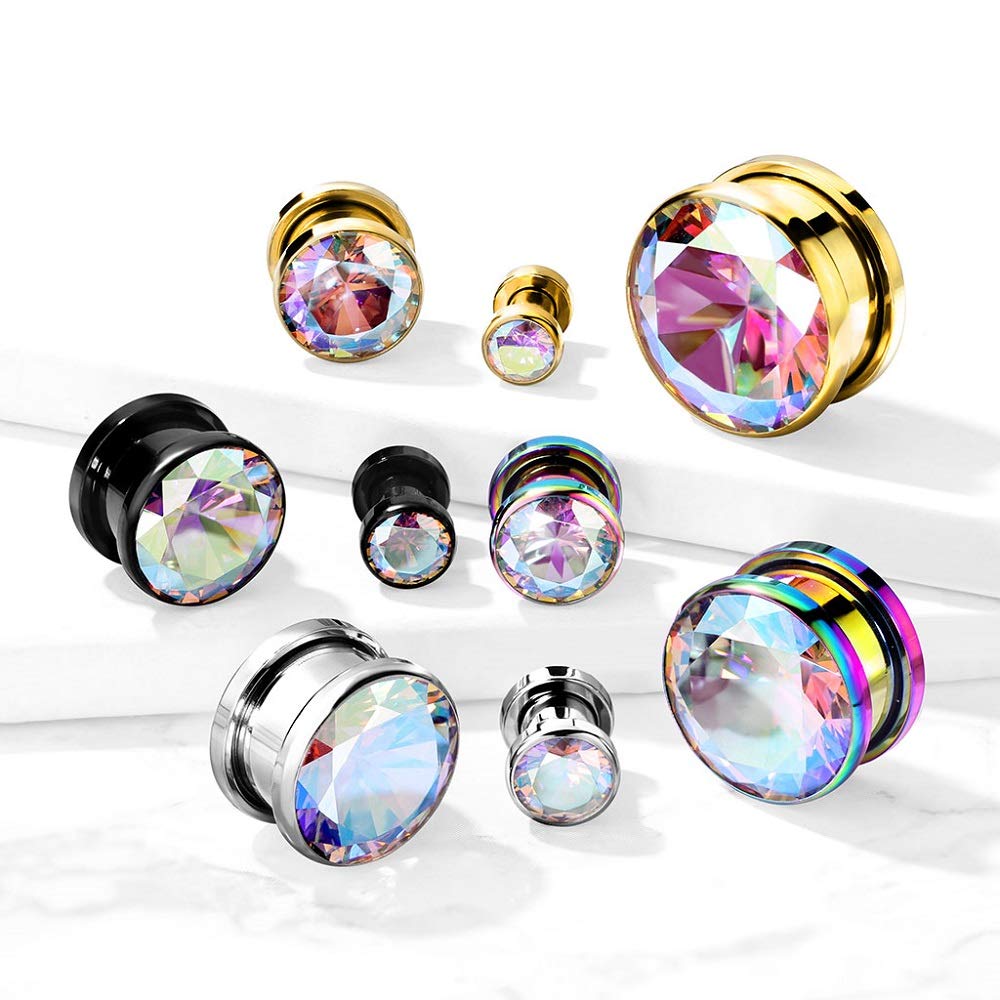 Pierced Owl Stainless Steel Bezel Set Aurora Borealis Gem Screw Fit Plug Gauges, Sold As Pair (Rainbow, 8mm (0GA))