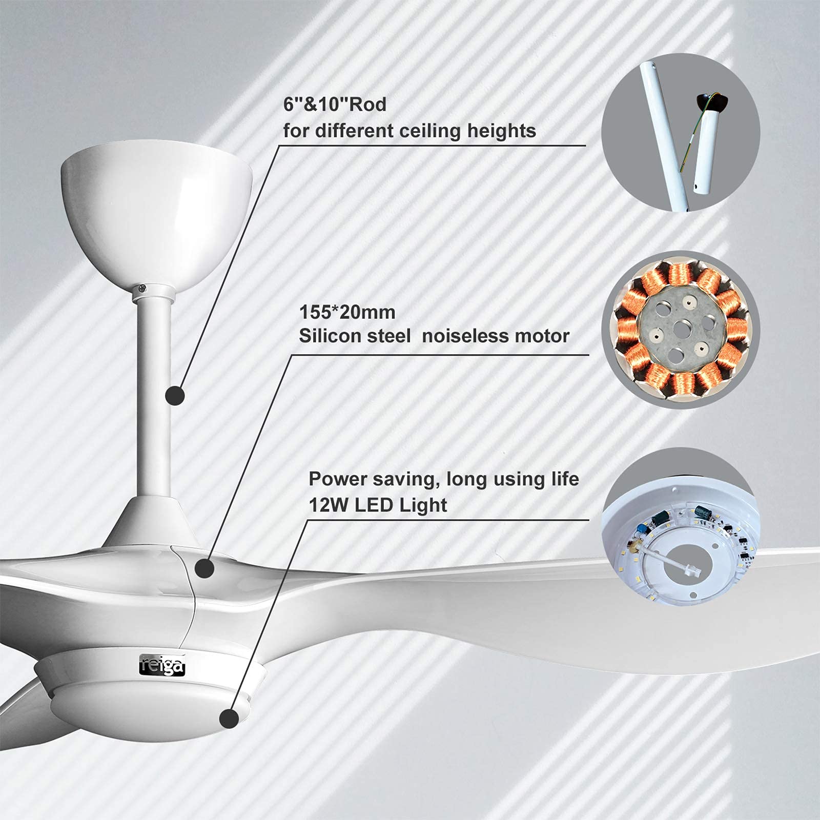 reiga 52-in Bright White Ceiling Fan with Dimmable LED Light Kit Remote Control Modern Blades Reversible DC Motor, 6-speed, Timer (Renewed)