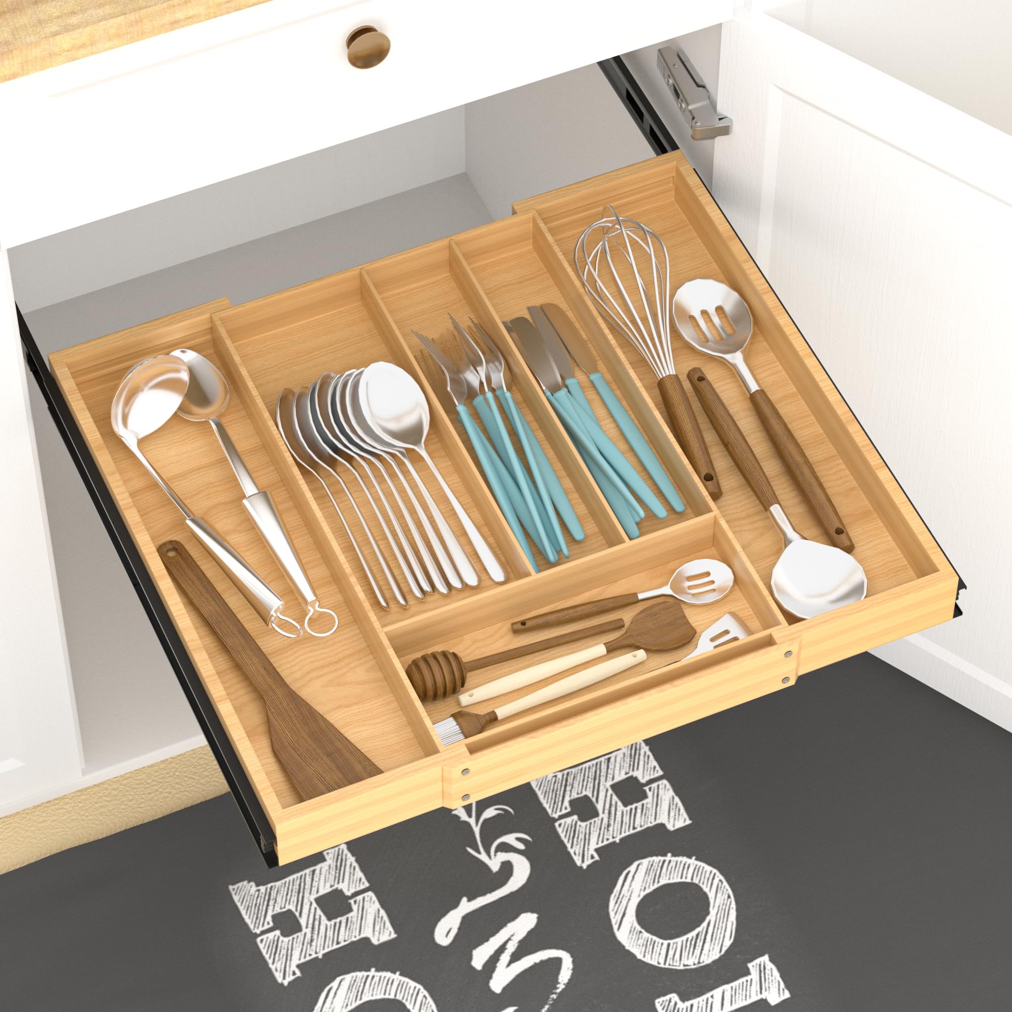 Redrubbit Pull Out Cabinet Organizer, Smooth Roll Expandable Slide Out Storage Drawer With Divider, Banboo Slide Out Kitchen Cabinet Organizer Storage Shelf，1 Pack