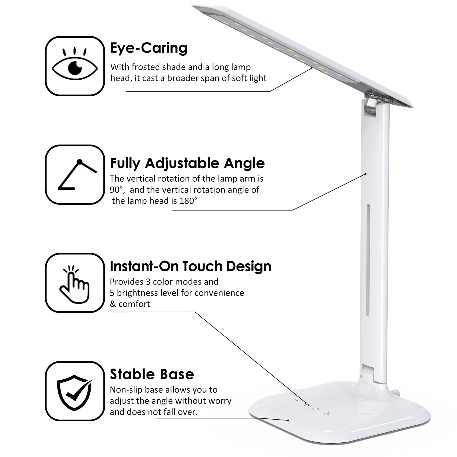 RensanR LED Desk Lamp, Desk Light with USB Charging Port, 3 Color Modes, 5 Brightness Level, Dimmable Table Lamp Reading Lamp, Sensitive Control,Eye-Caring Office Lamp