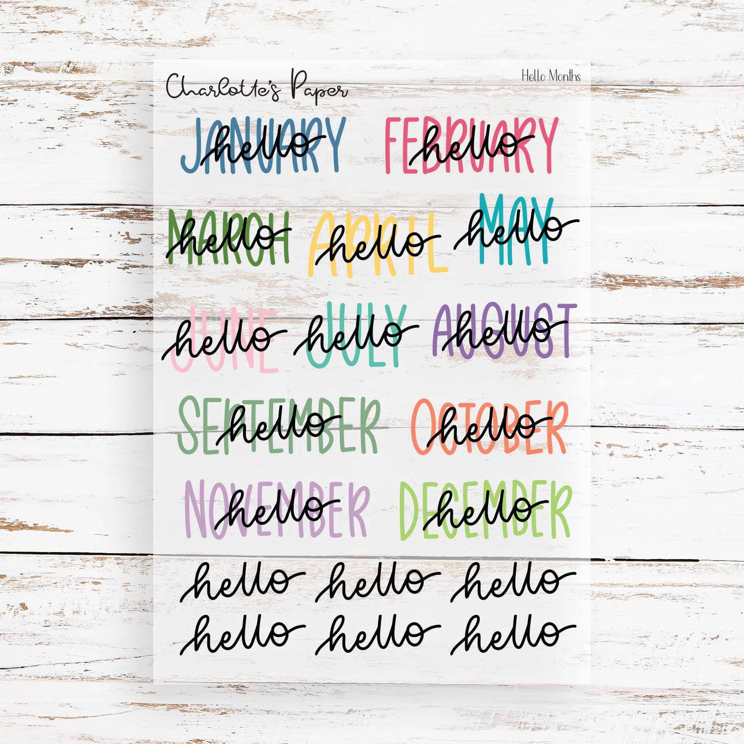 Transparent Hello Months Planner Stickers, Undated Planner, Hand lettered Months of the Year Sticker, Decorative Planning Stickers, 18 Stickers, Multicolor Rainbow