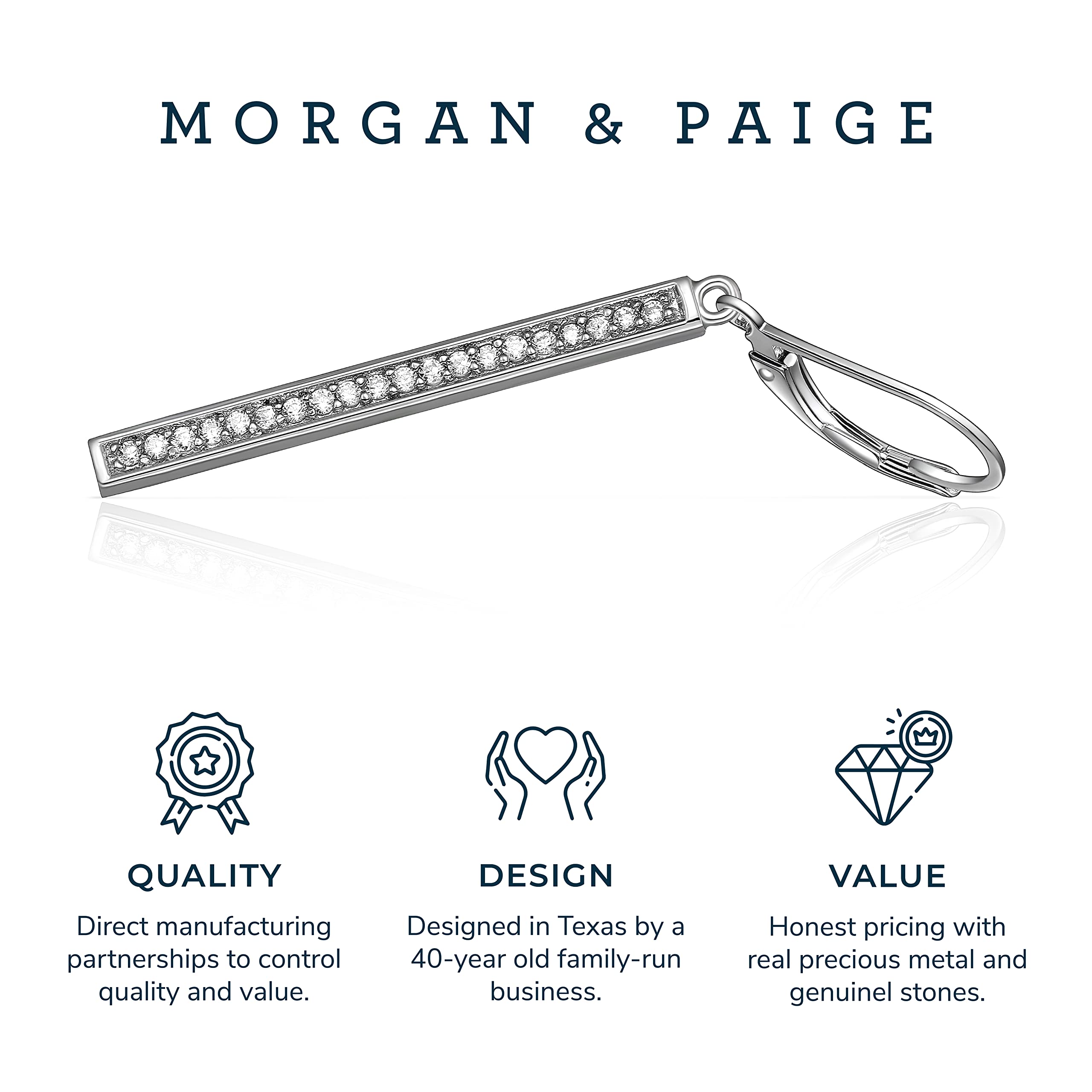 MORGAN & PAIGE .925 Sterling Silver Cubic Zirconia Vertical Bar Drop Earrings 1-3/4" Linear Dangle Earrings For Women