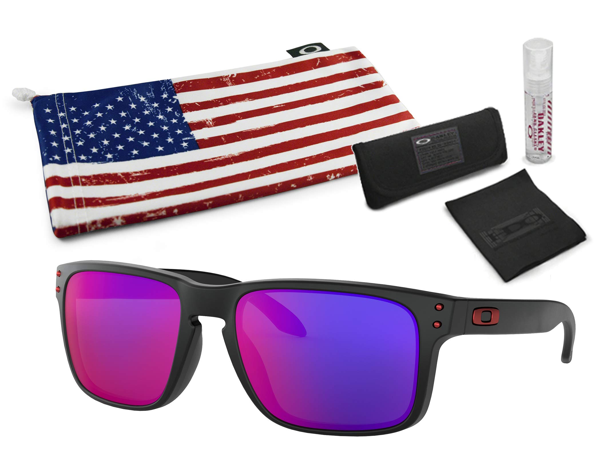 Oakley Holbrook Sunglasses (Matte Black Frame, Positive Red Iridium Lens) with Lens Cleaning Kit and Country Flag Microbag