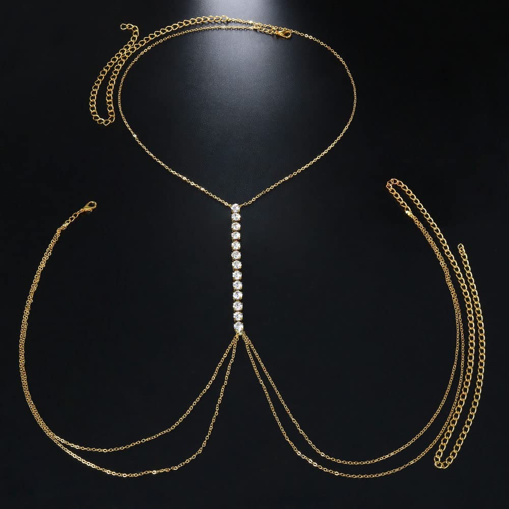 Sixexey Rhinestone Bra Chain Layered Gold Body Chain Sparkly Bikini Summer Beach Body Jewelry for Women
