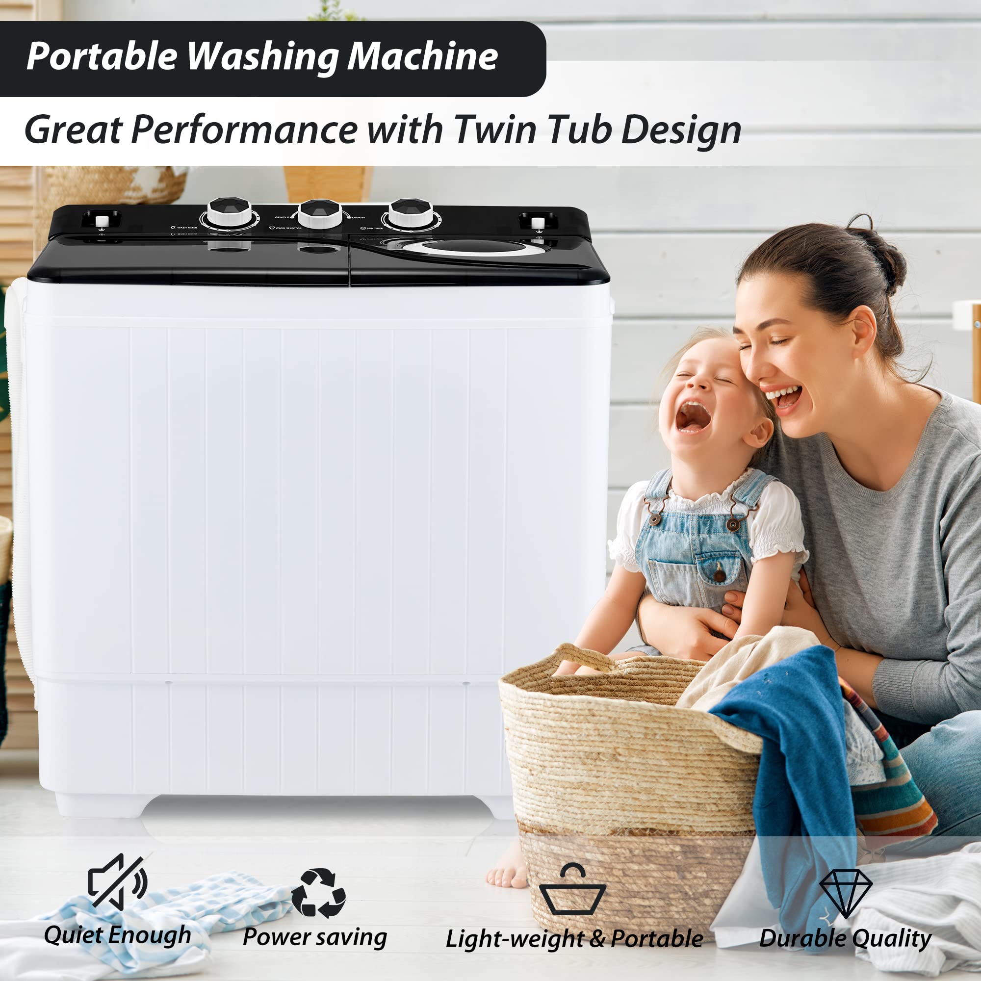 Portable Washing machine 26Lbs Capacity Washer and Dryer Combo Compact Twin Tub Laundry Washer(18Lbs) & Spinner(8Lbs) with Built-in Gravity Drain for Apartment,Dorms,RV Camping, BLACK