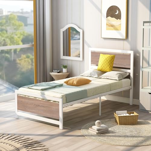 Metal and Wood Bed Frame with Headboard and Footboard, Twin Size Platform Bed, No Box Spring Needed, Easy to Assemble(White)