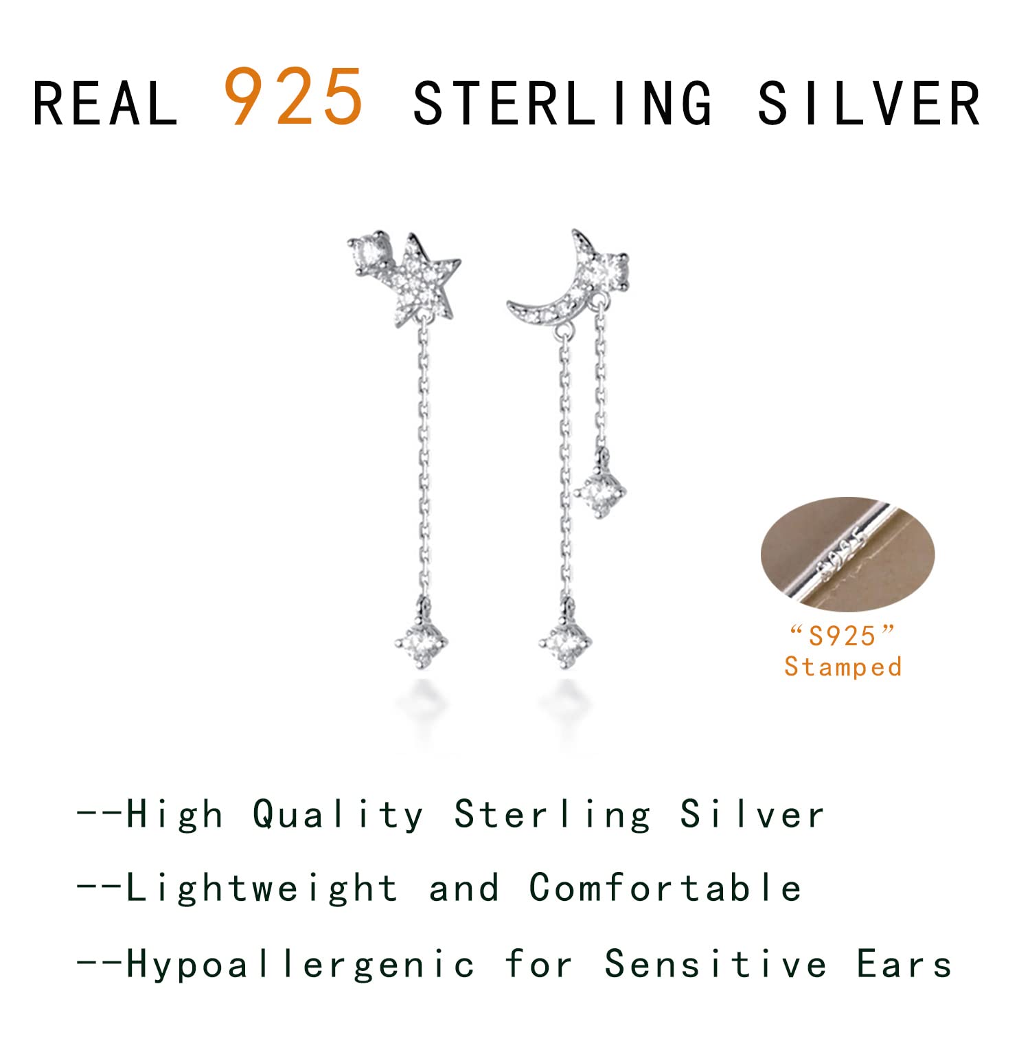 Reffeer Solid 925 Sterling Silver Asymmetric Moon Star Dangle Earring for Women Teen Girls CZ Drop Earrings Tassel Chain