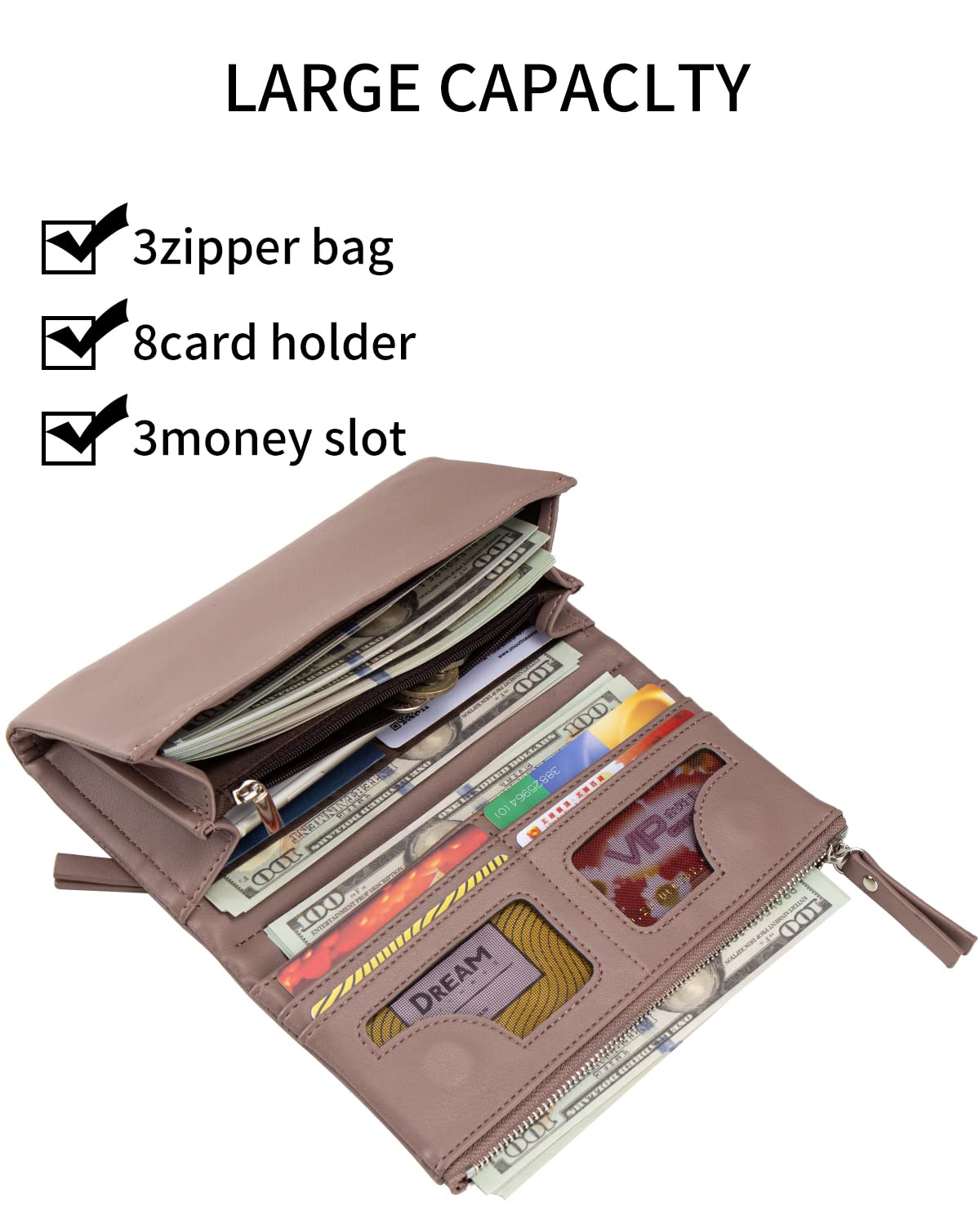 VASETA Wallets for Women Clutch Wallet RFID Blocking Leather Ladies Wallet Credit Cards Organizer with Zipper Pocket