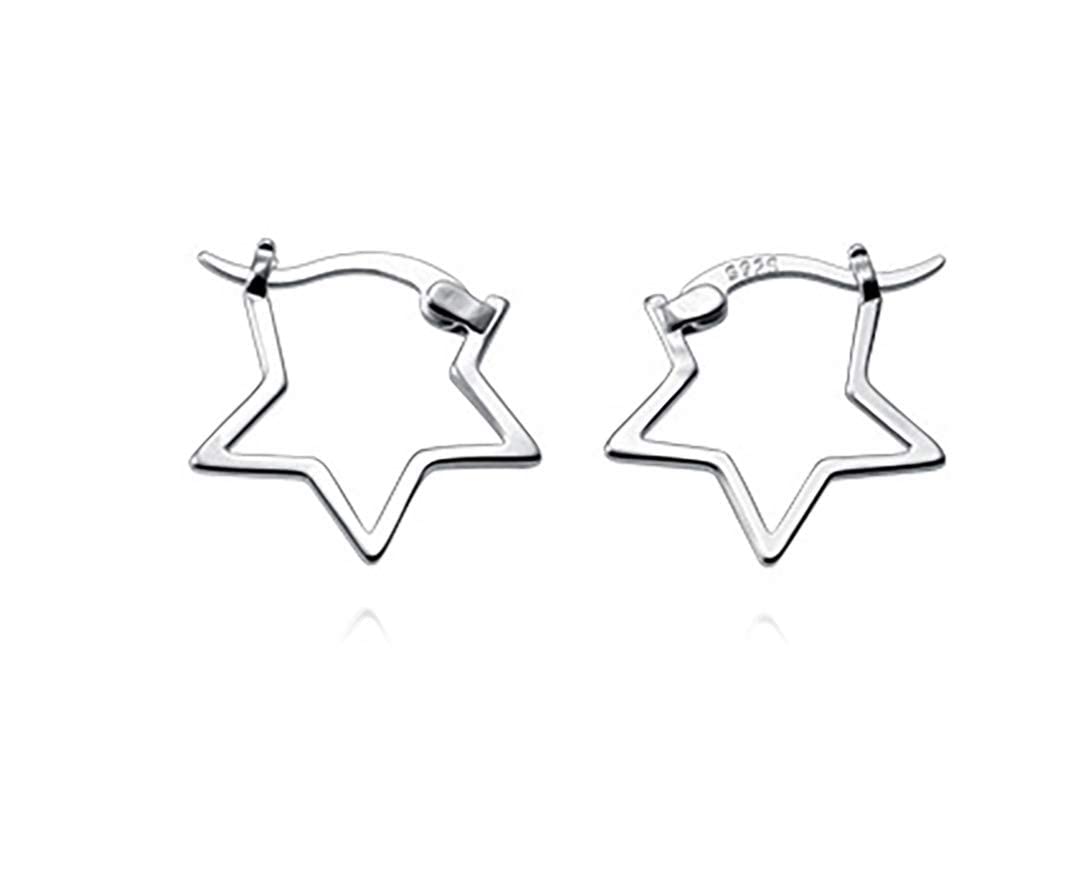 Reffeer Solid 925 Sterling Silver Minimalist Hoop Earrings Cute for Women Teen Girls Star Huggie Earrings Hoop (A-Silver)