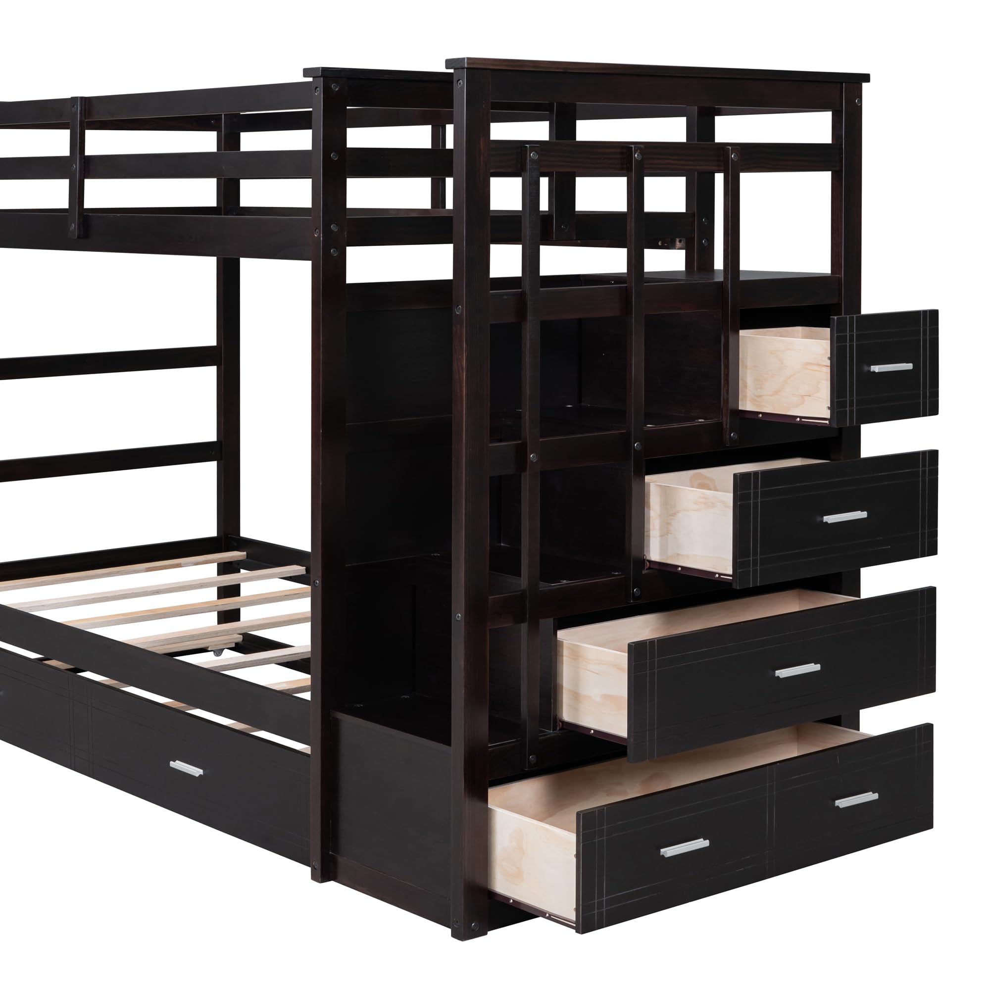 Merax Twin Over Twin Bunk Bed with Trundle, Solid Wood Stairway Bunk Bed Frame with 3 Storage Cabinet Staircase, No Spring Box Required, Espresso