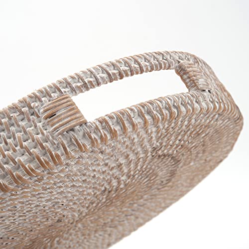 Round Rattan Serving Tray Decorative Woven Ottoman Trays with Handles for Coffee Table White (Small 11.8 inch x 2.4 inch)