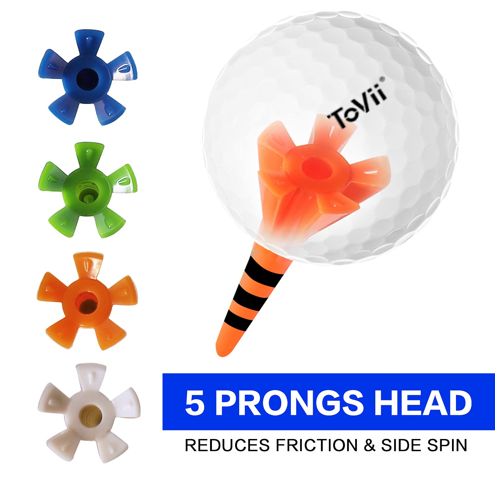 ToVii 3-1/4" Plastic Golf Tees 80 Pack | Reduces Friction & Side Spin 5 Prongs Golf Tees plastic (Orange/Blue)