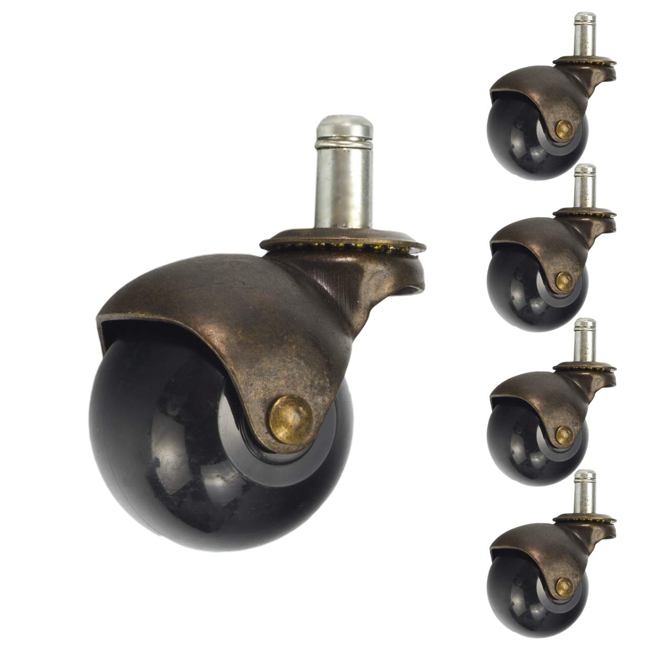 Set of 5 Vintage Bronze 2'' Ball Roller Stem Socket Office Chair Wheel Casters Replacement Antique Retro Style Golden Copper Color (5pcs Without Brake)