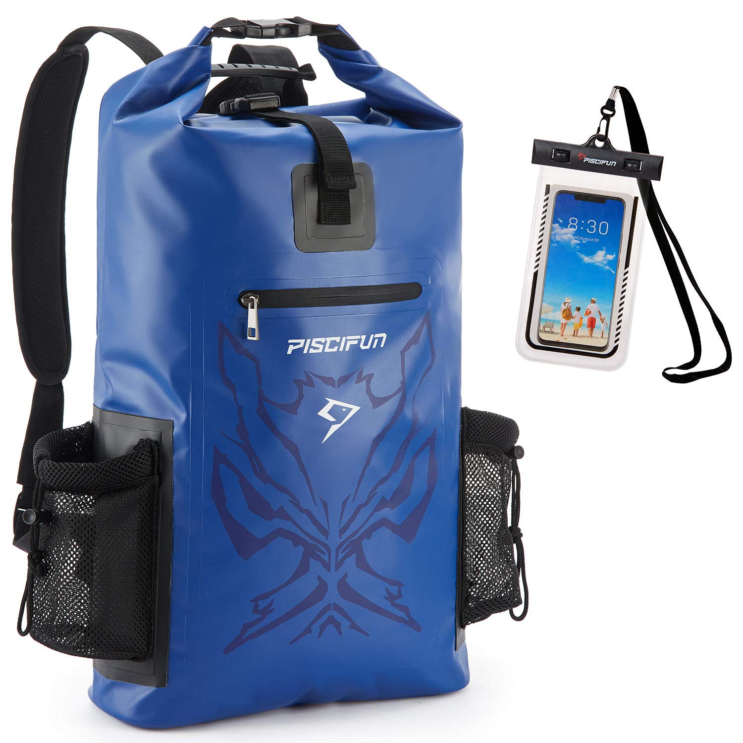 Piscifun Angry Face Dry Bag with Waterproof Phone Case, Waterproof Dry Backpack for Men and Women, Floating Dry Bag Backpack 20L Blue