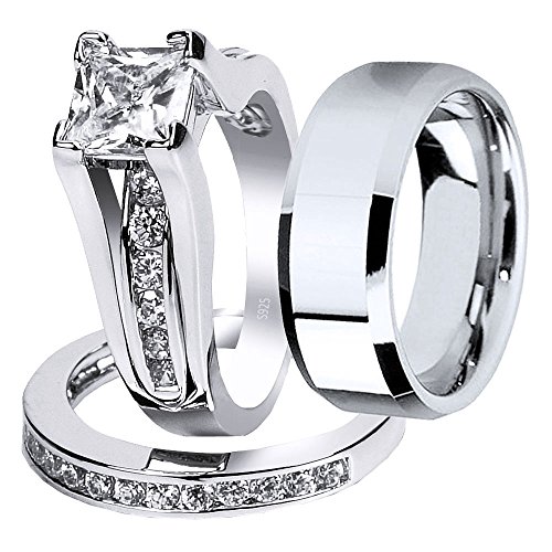 MABELLA Wedding Ring Sets Couples Rings Women's Size 10 Sterling Silver Princess Cubic Zirconia Menās Size 12 Stainless Steel Bands