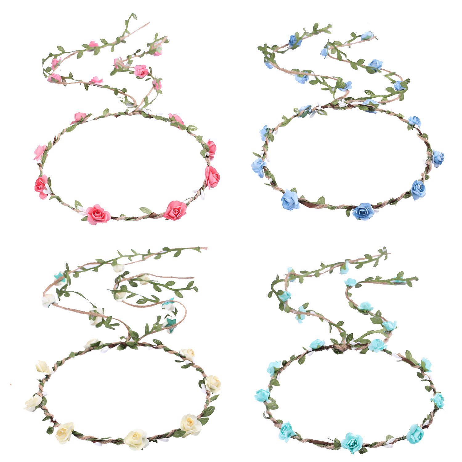 Whaline 4 Pcs Flower Crown Floral Wreath Headband Floral Garland Headbands Bohemian Style Headdress for Wedding Bride Bridal Headwear Party Festivals Hair Accessories (4 Color)