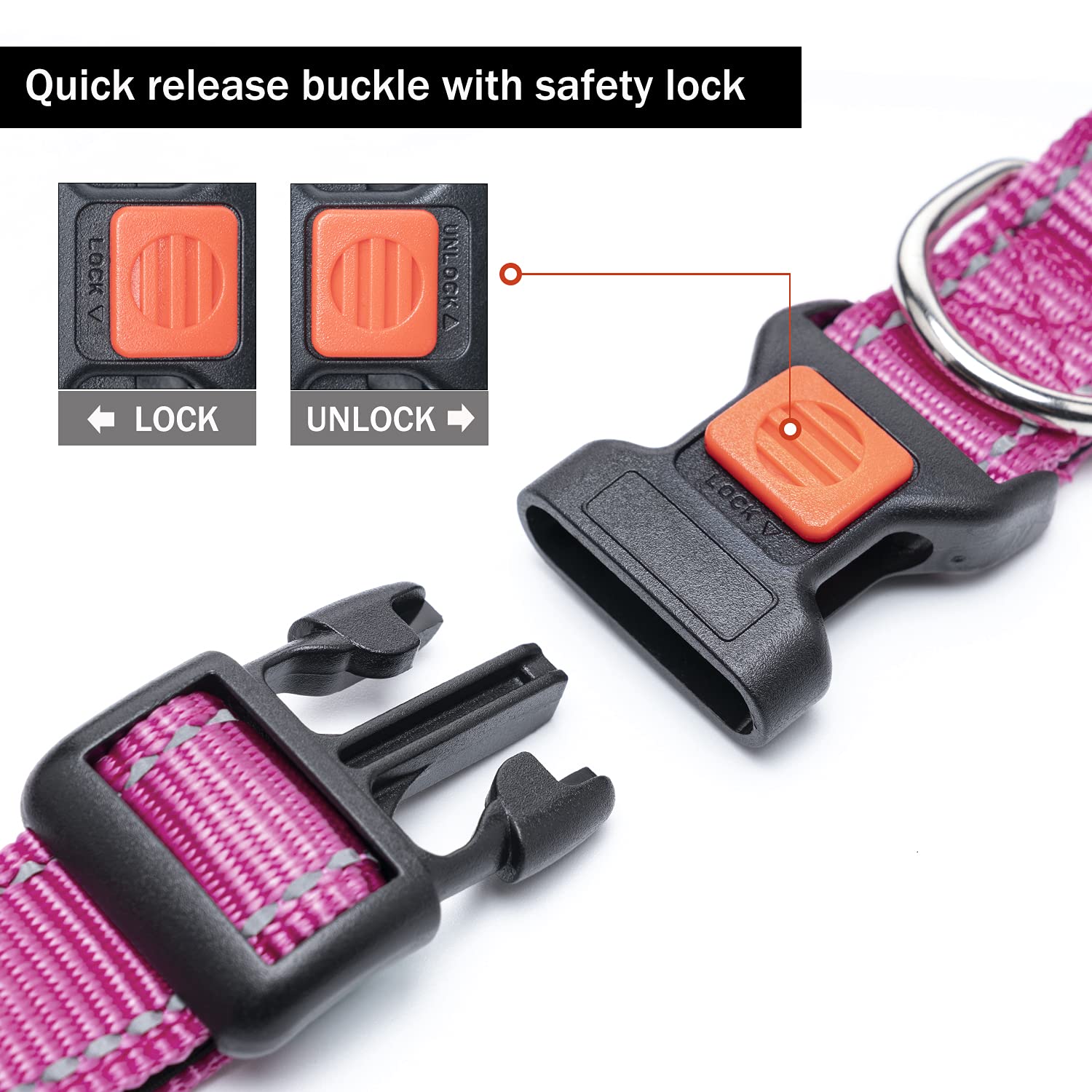 Reflective Dog Collar with Buckle Adjustable Safety Nylon Collars for Small Medium Large Dogs, Pink S