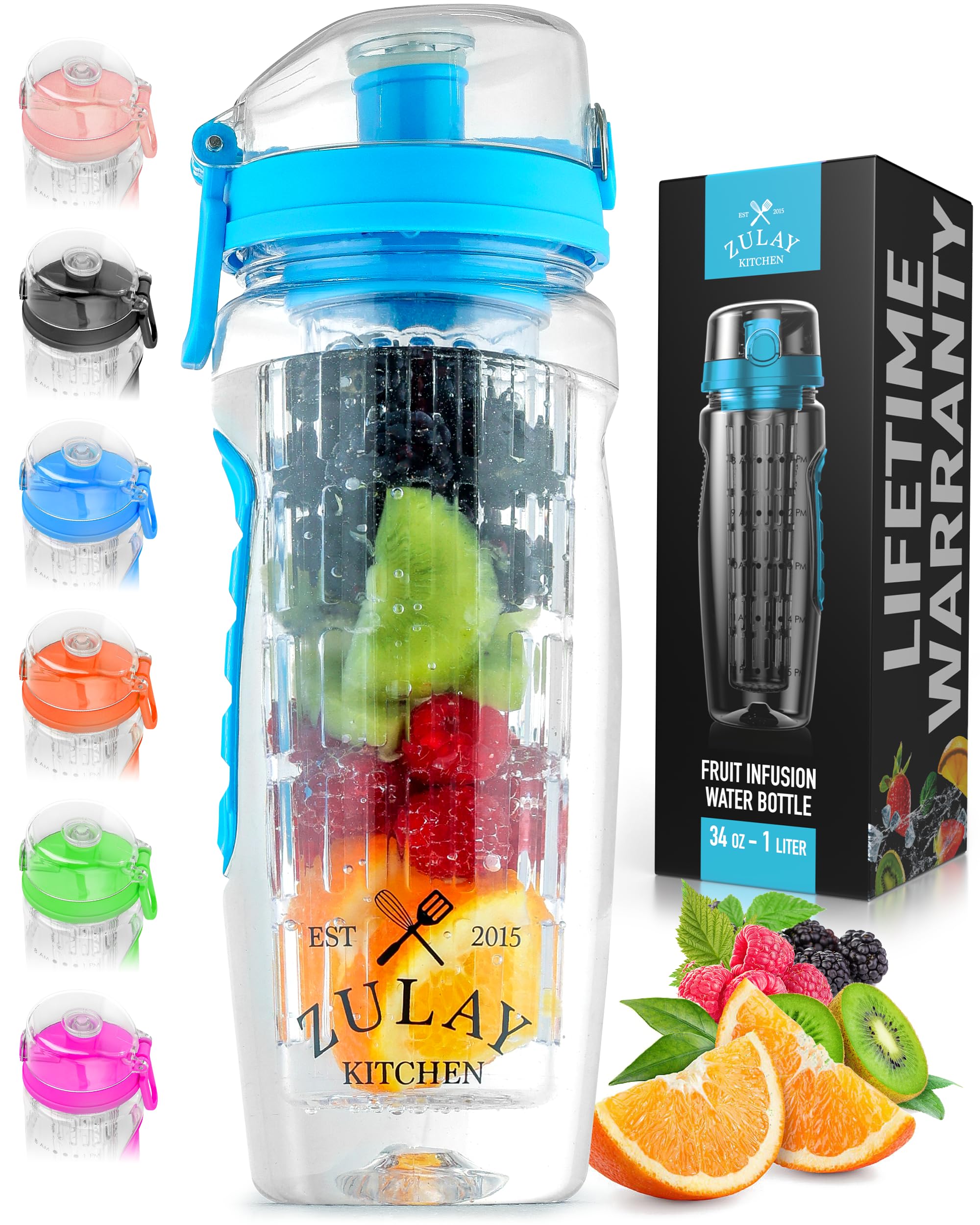 Zulay 34 oz Large, Leakproof Fruit Infuser Water Bottle with Anti-Slip Grip - Men and Women's Ideal Fitness Gift Or For Gym, Camping, and Travel - Lake Blue