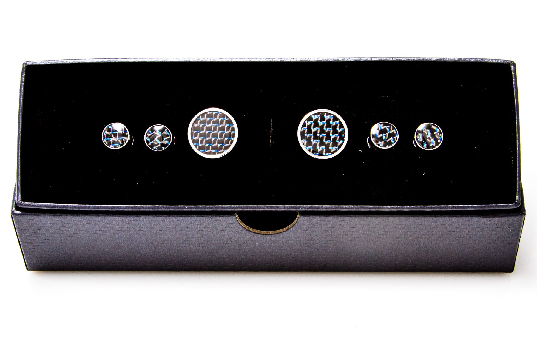 MRCUFF Carbon Fiber Blue Pattern Tuxedo Cufflinks and Studs Set in a Presentation Gift Box & Polishing Cloth