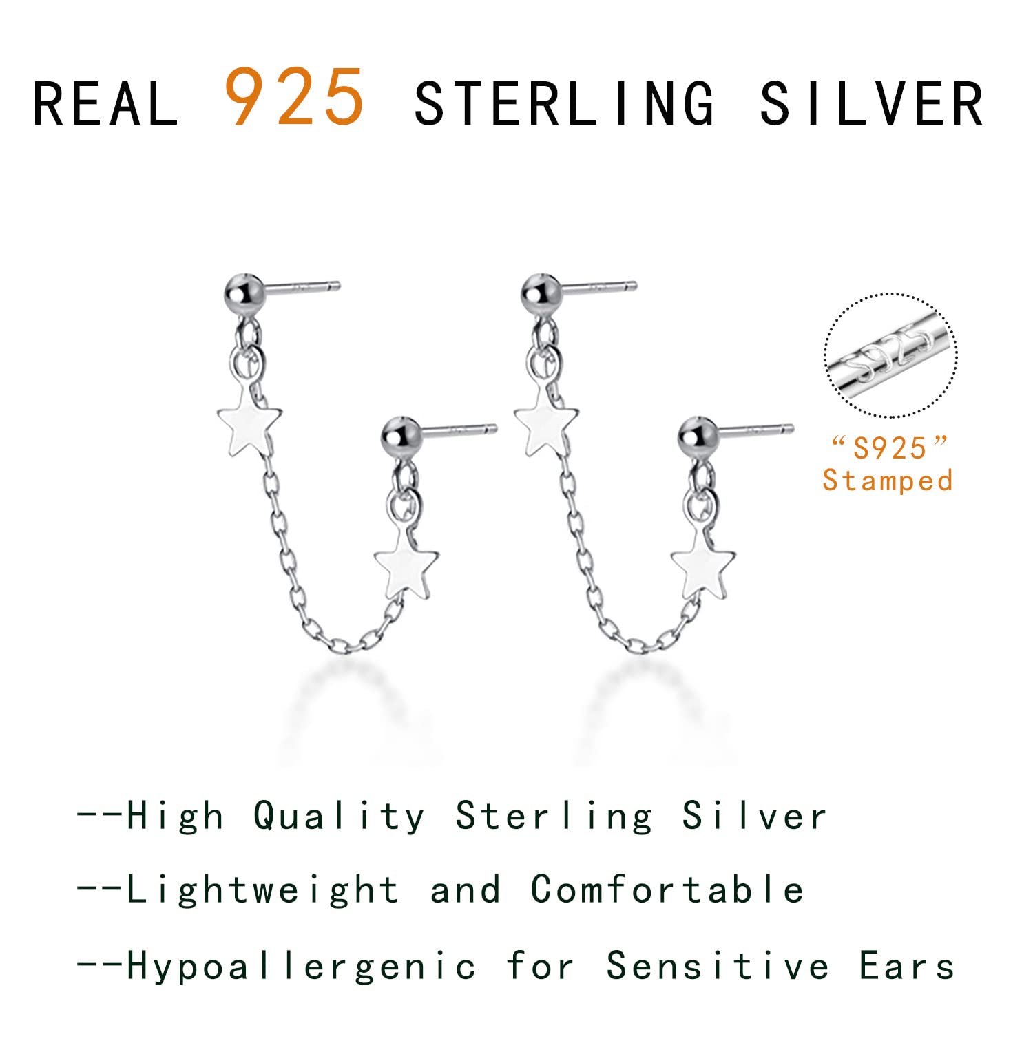 Reffeer 925 Sterling Silver Two Piercing Cute Ball Star Stud Chain Earrings Climber Ball Star Cuff Earrings Helix for Women Teen (Silver)