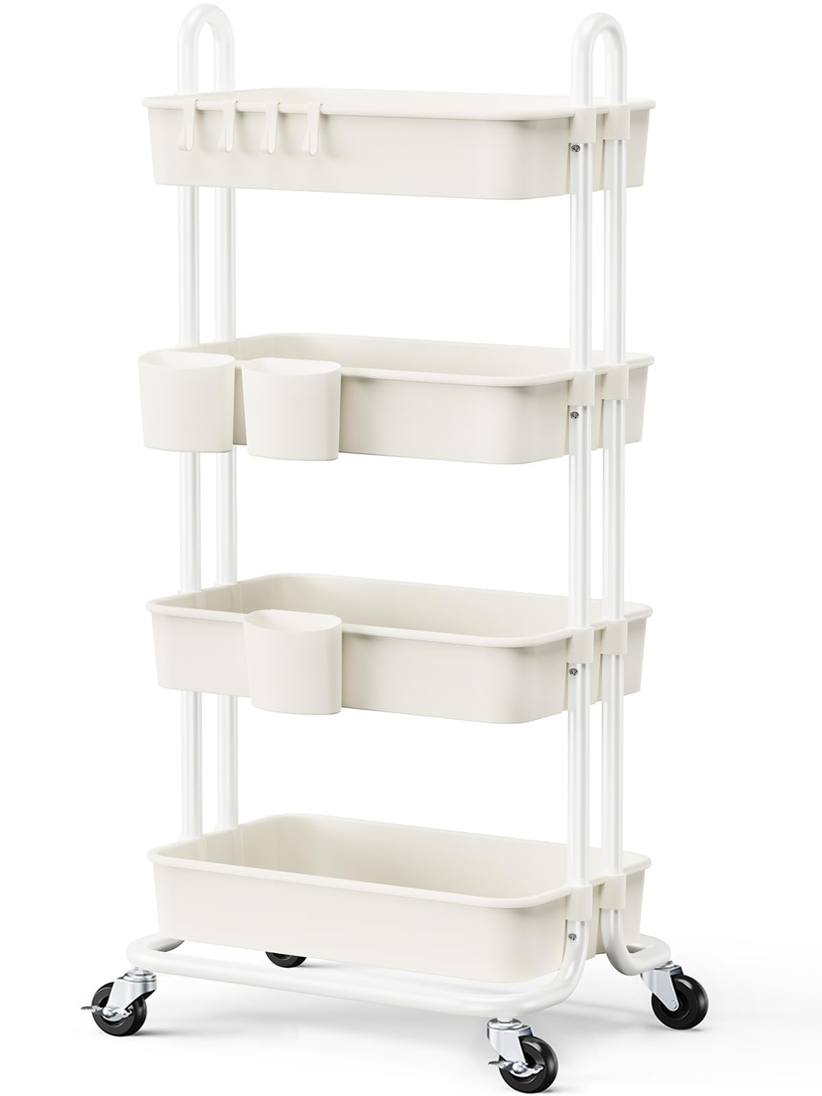 Pipishell 4-Tier Rolling Cart, Utility Cart with Lockable Casters, PP Plastic Storage Baskets, Hanging Cups & Hooks, Rolling Cart for Living Room, Bedroom, Kitchen, Bathroom, Art Studio(White)