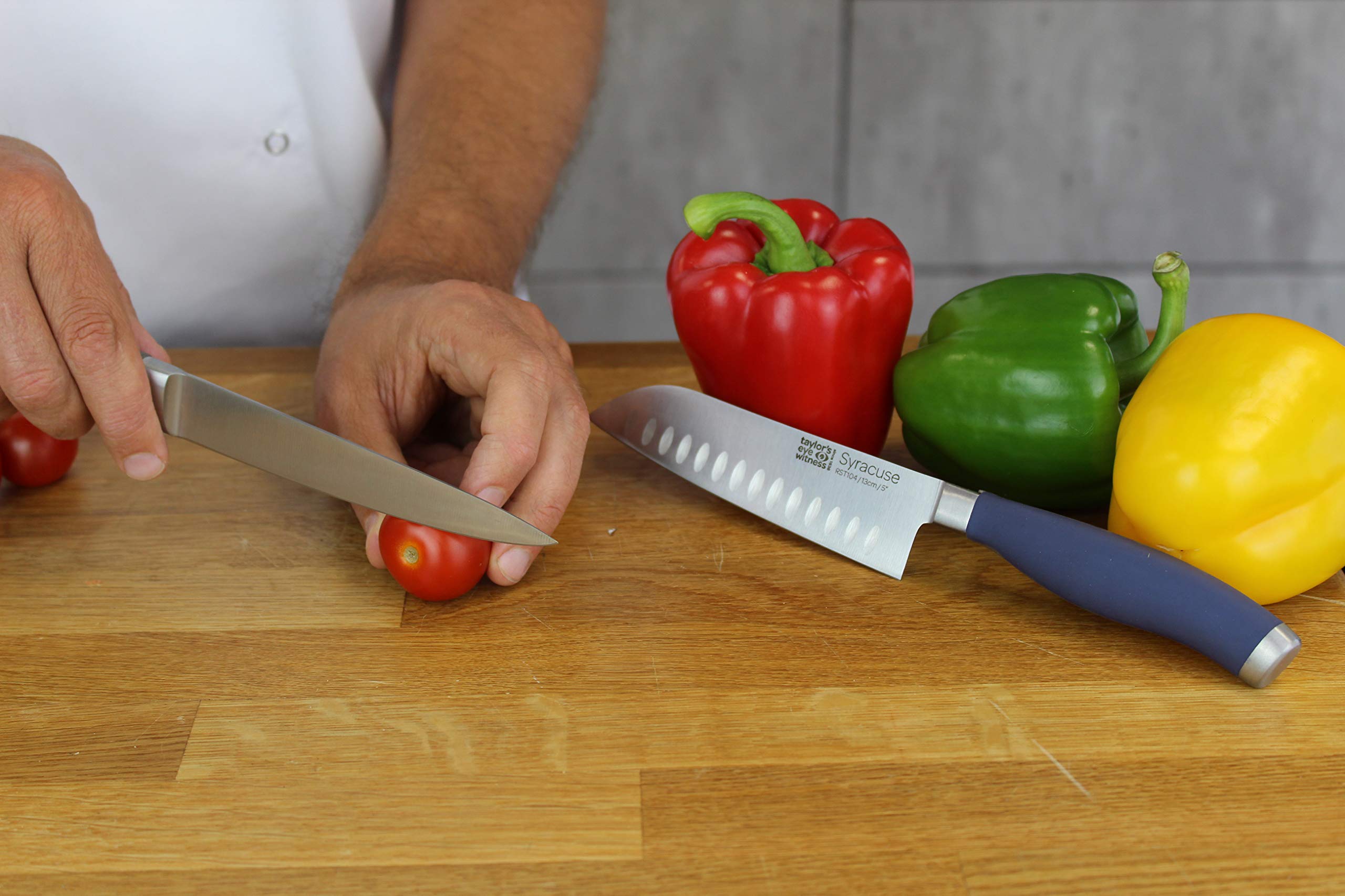 Taylors Eye Witness Syracuse Asian Kitchen Knife Set - Chefs Santoku 13cm/5β & Cooks All Purpose 13cm/5β Cutting Edge, Multi Use. Ultra Fine, Razor Sharp Blade. Soft Textured Grip Denim Blue Handle.