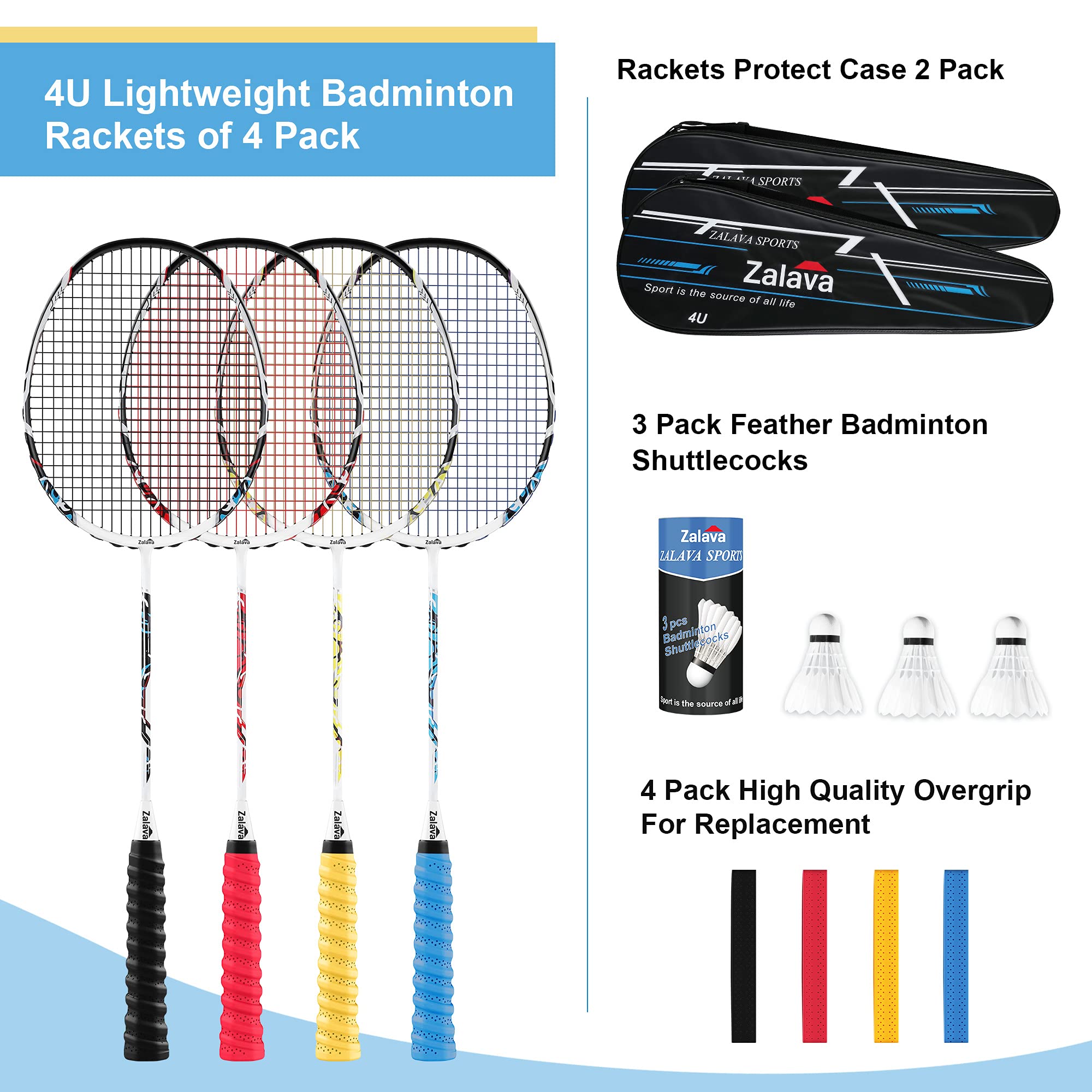 Professional Badminton Rackets Lightweight Badminton Racquets Set, Zalava Badminton Set 4 Pack,Carbon Fiber, 3 Shuttlecocks, 2 Protect Case, 4 Overgrip Included,for Beginners,Advanced Players
