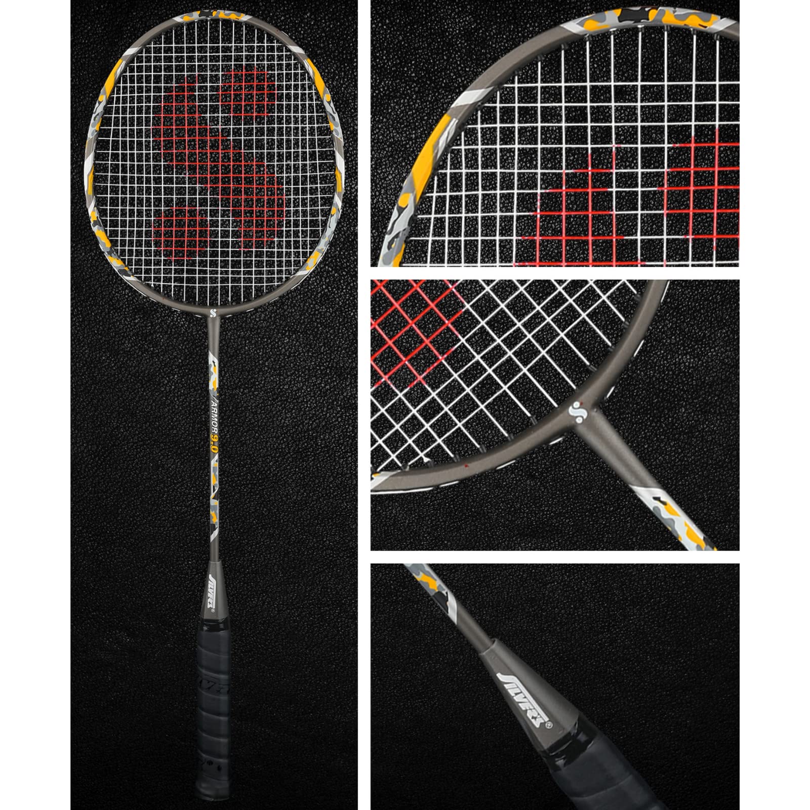 Silver's Silver’s 2 Player Uni-Piece Semi-Graphite Badminton Racket Set | Includes Rackets, 1 Padded Bag, 6 Nylon Shuttlecocks and Extra Overgrip Tapes Grey/Orange Camo, Grey/Yellow Camo