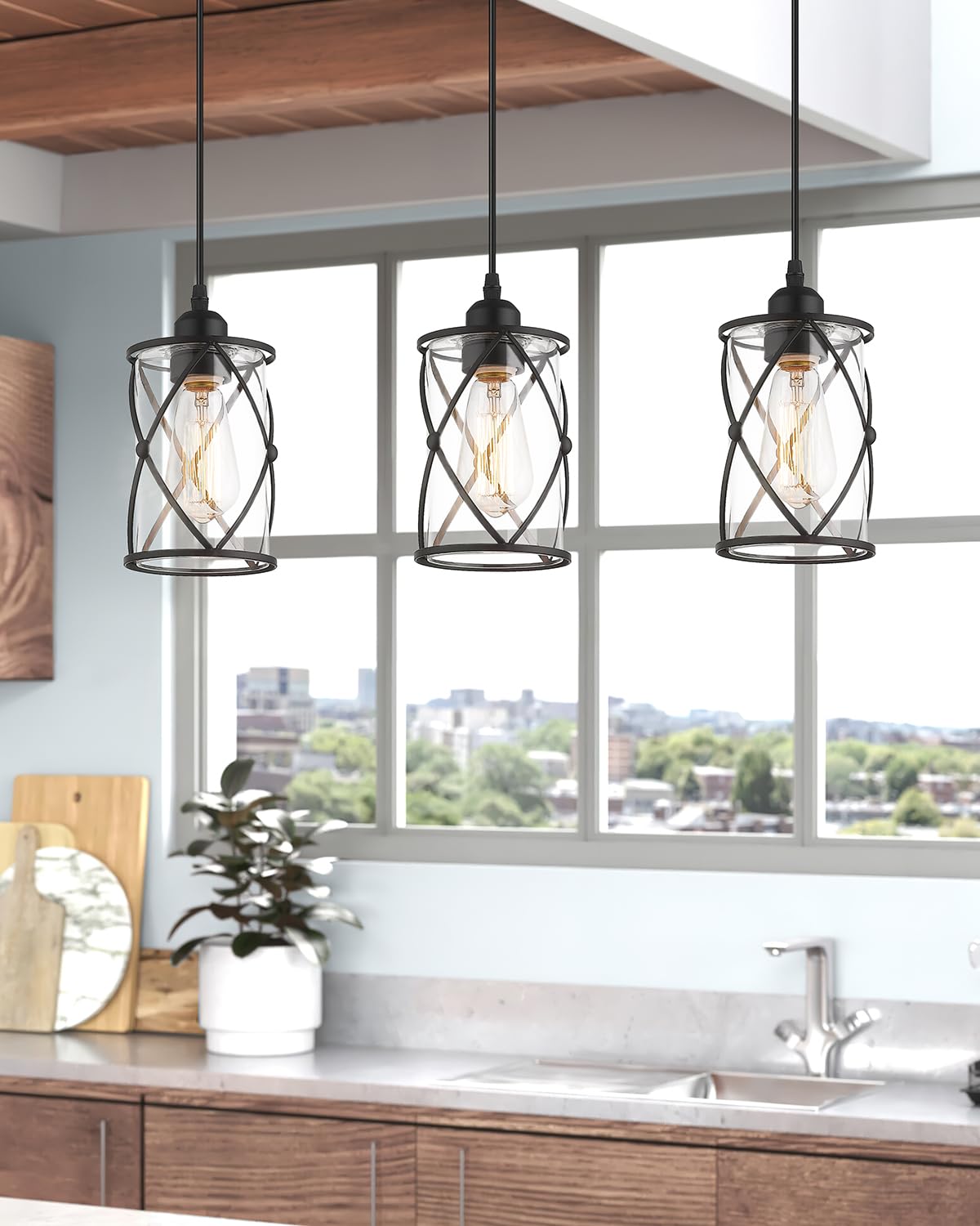 Osimir Industrial Pendant Light, 2 Pack Mini Glass Pendant Light for Kitchen, Cage Pendant Lighting in Black Finish with Clear Glass, Adjustable Length, CH9176-1-2PK