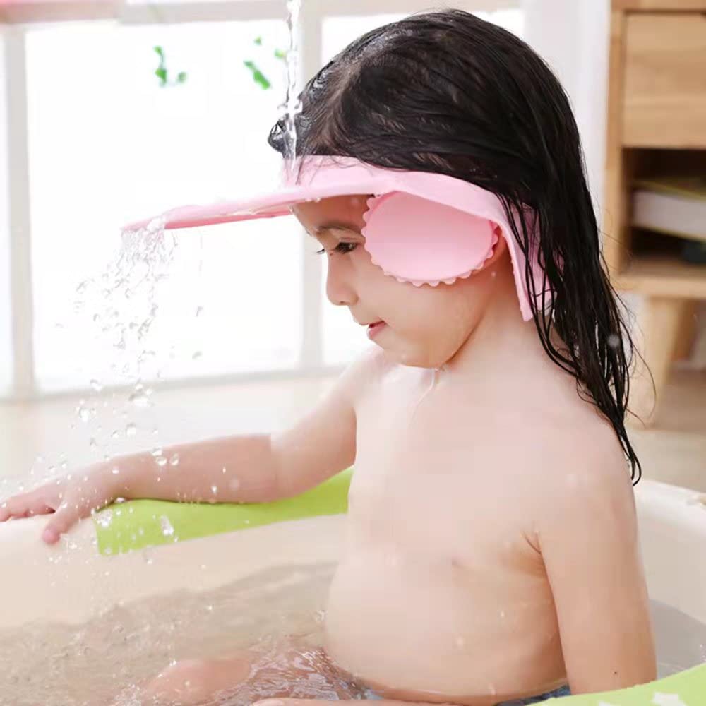 W/M Baby Shower Cap wash Bath Shampoo Shield Visor Adjustable Bathing tub Head Hair Rinser hat Protection Toddler and Kids (Pink)