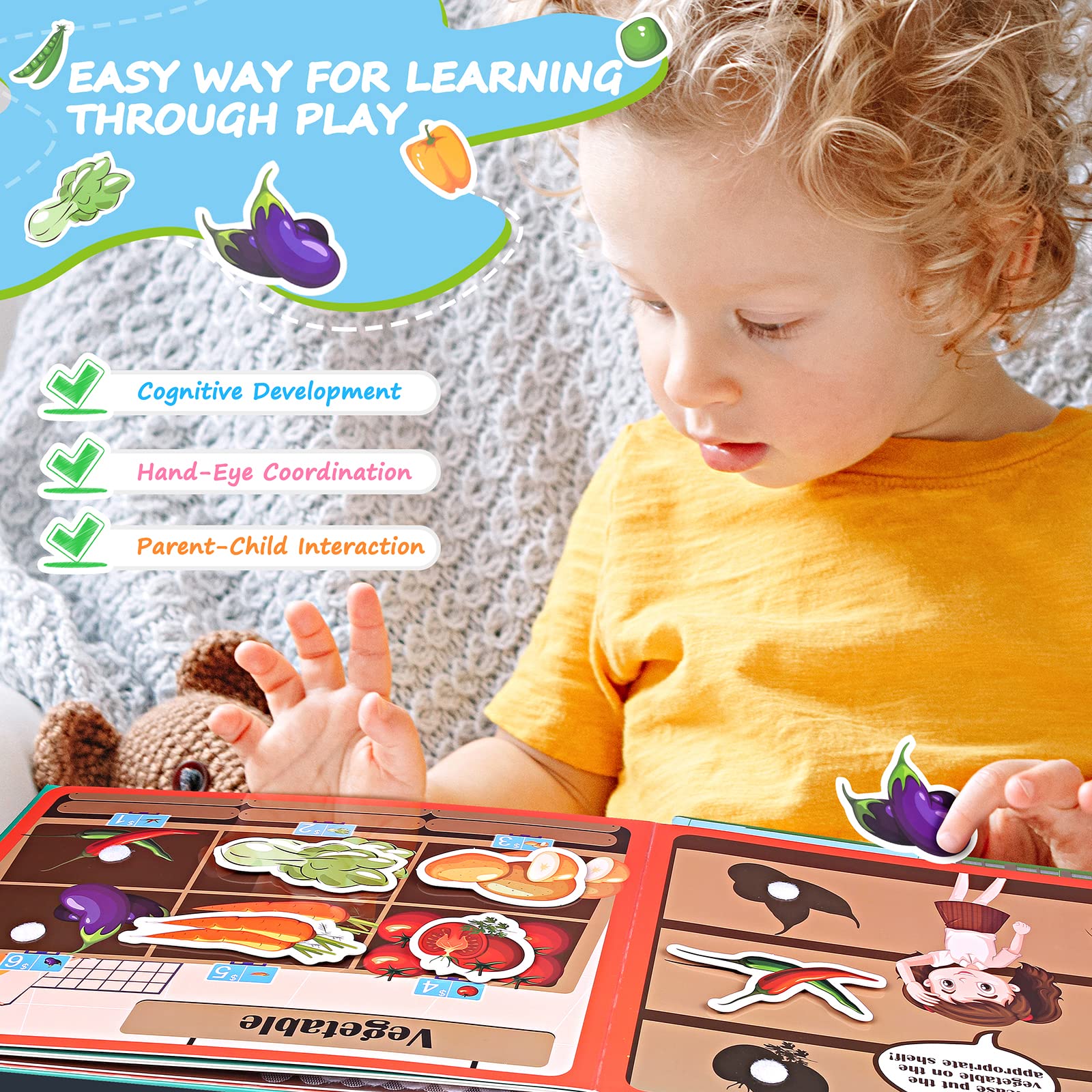 YAOFEER Busy Book for Toddlers 1-3, Montessori Busy Book Preschool Activity Sticker Quiet Books for Toddlers Preschool Learning Book to Develop Multidimensional Sense- Vegetable & Fruit