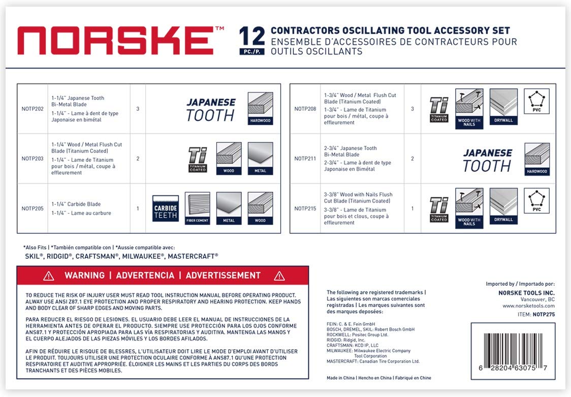 Norske Tools NOTP275 12Piece Universal Fit Oscillating Multi Tool Accessory Blade Set