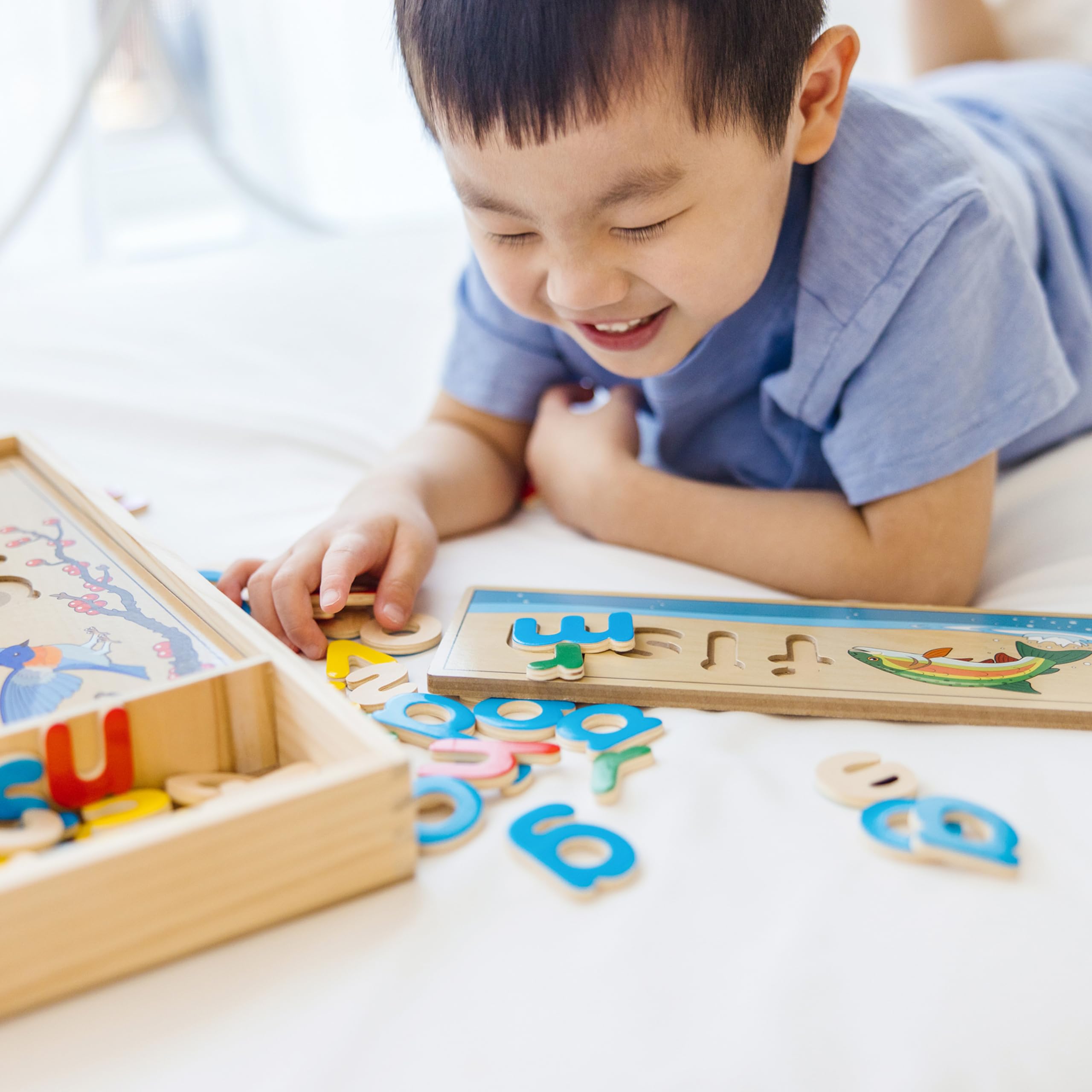 Melissa & Doug See & Spell Wooden Educational Toy With 8 Double-Sided Spelling Boards and 64 Letters Preschool Learning Activities, See & Spell Learning Toys For Kids Ages 4+