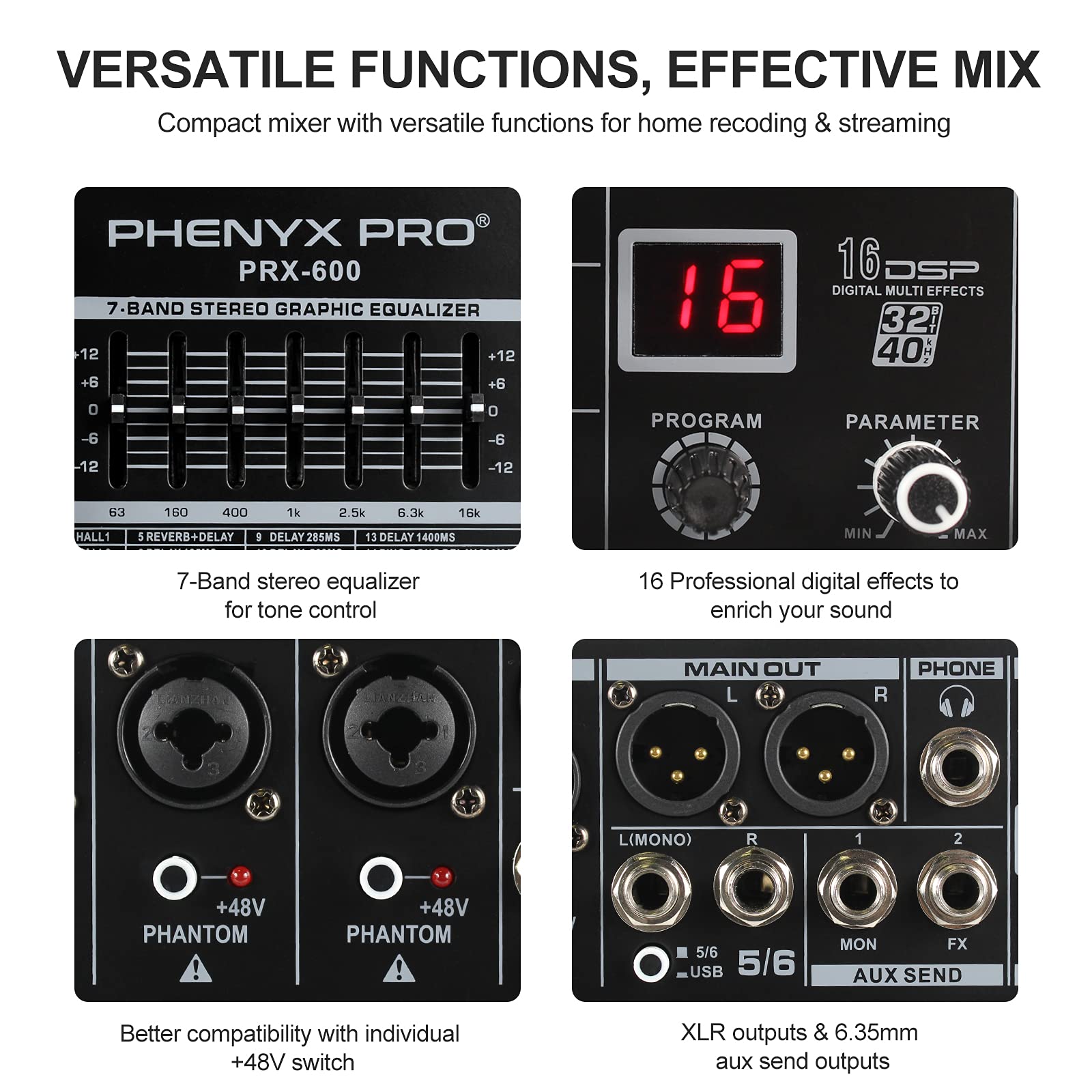Professional DJ Audio Mixer, Phenyx Pro Sound Mixer, 6-Channel Sound Board Mixer Audio w/Bluetooth & USB Audio Interface, Stereo Equalizer, 16 DSP Effects, 3-Band EQ, For Studio & Stage (PRX-600)