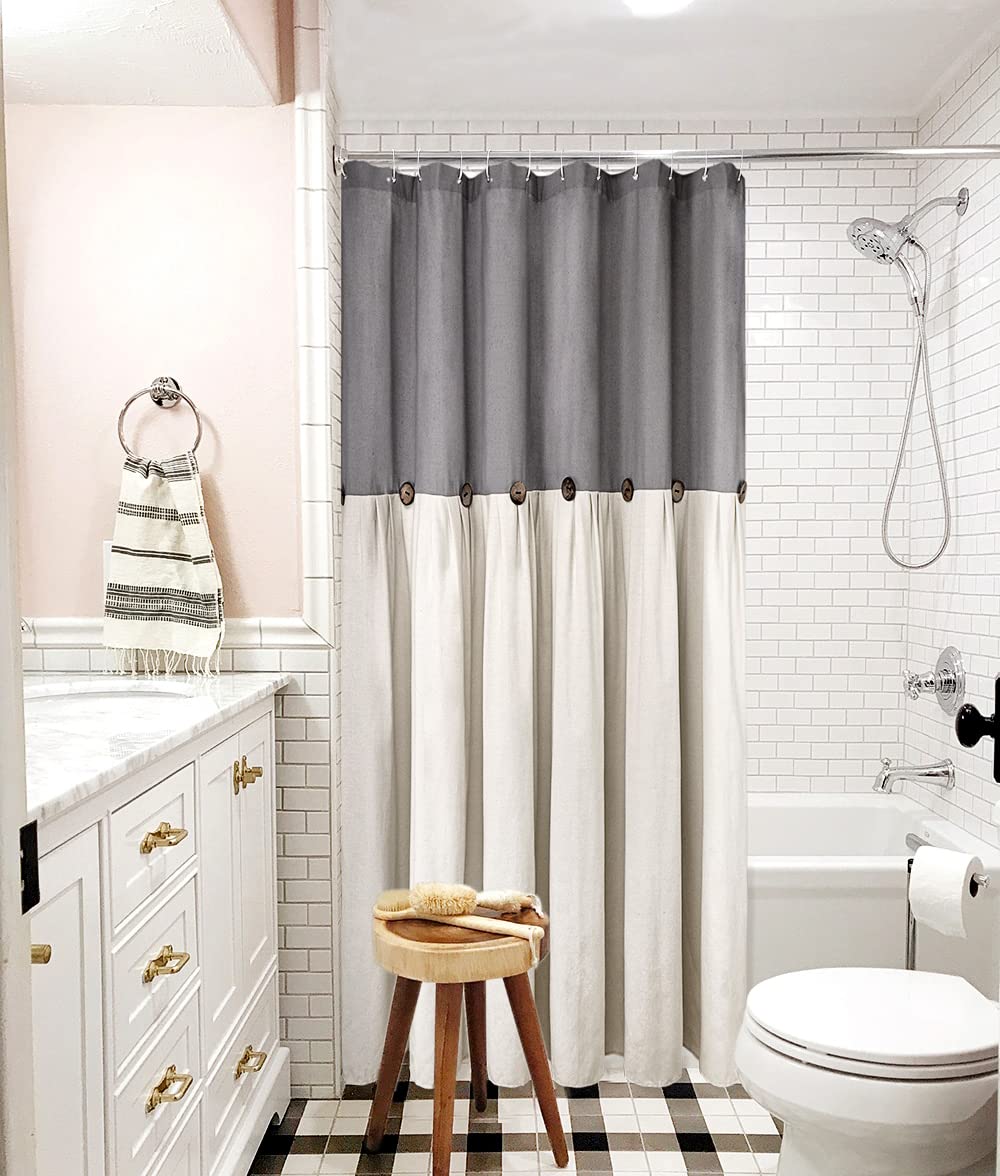 Reisen Linen Farmhouse Shower Curtain Button Gray and Off White Shower Curtains for Bathroom, 72" x 72"