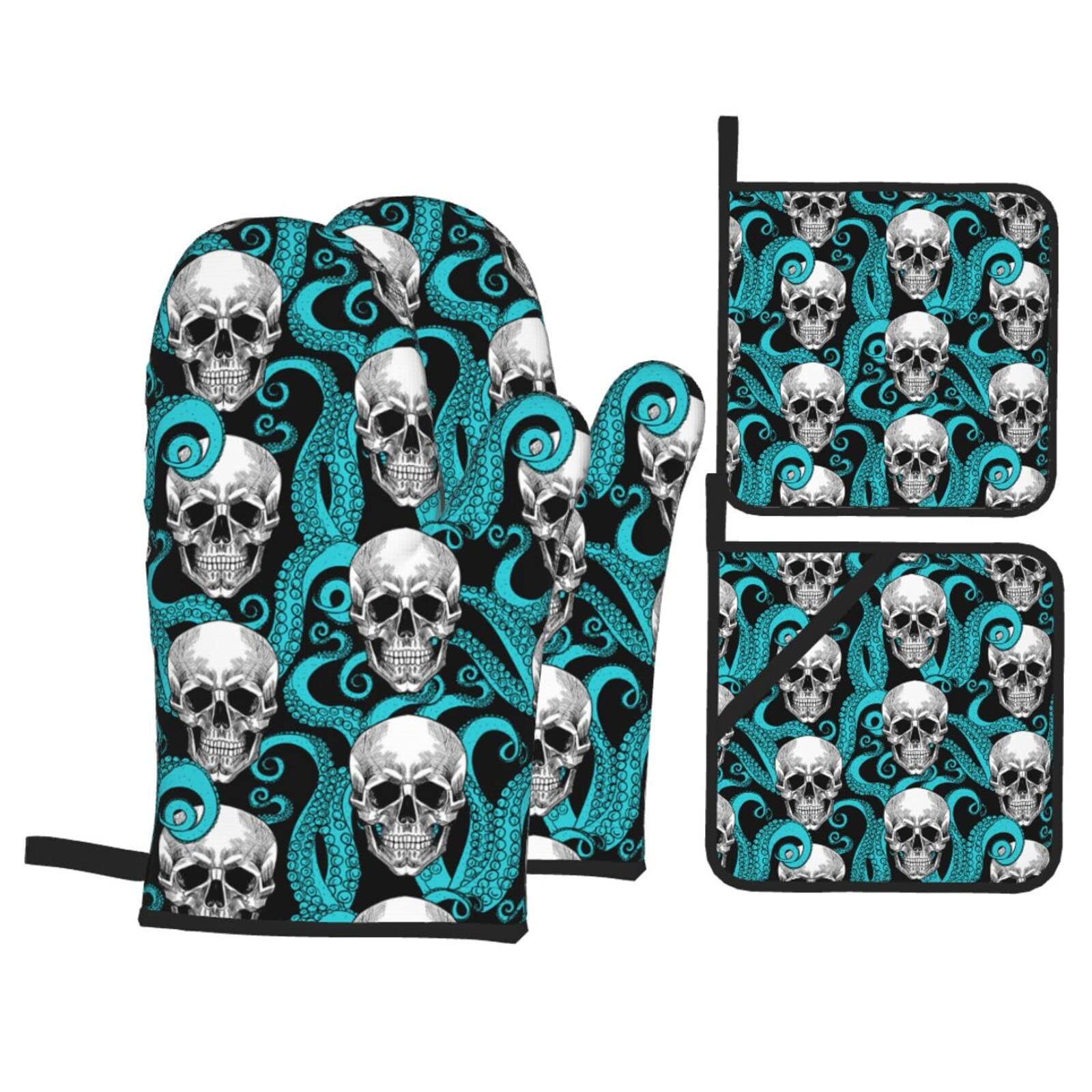 Skull Oven Mitts and Pot Holders 4pcs Sets,Funny Kitchen High Heat Resistant Oven Mitts,with Oven Gloves and Hot Pads Pot Holders for Baking Cooking BBQ Grilling