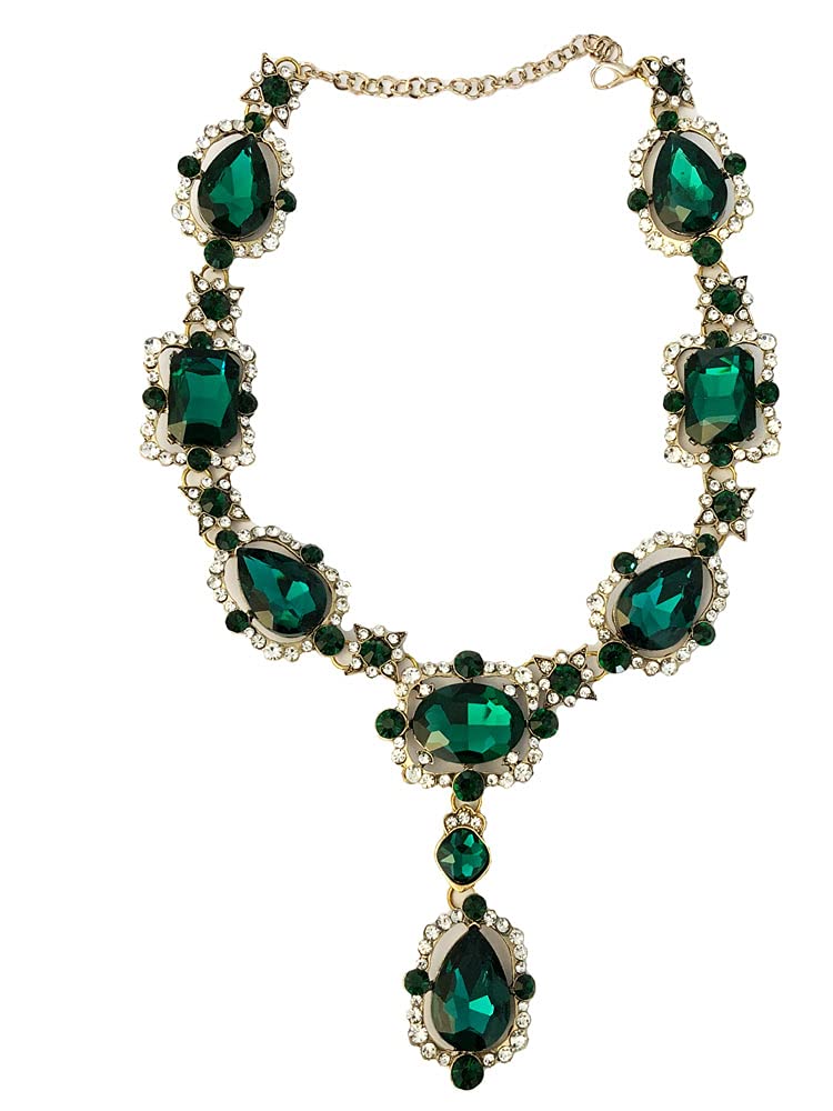 Secret for Longevity Extra Large Victorian Art Deco Antique Retro Vintage Style Gold Tone Dark Green Hunter Emerald Rhinestone Chunky Statement Wedding Bridal Prom Drag Queen Pageant Necklace