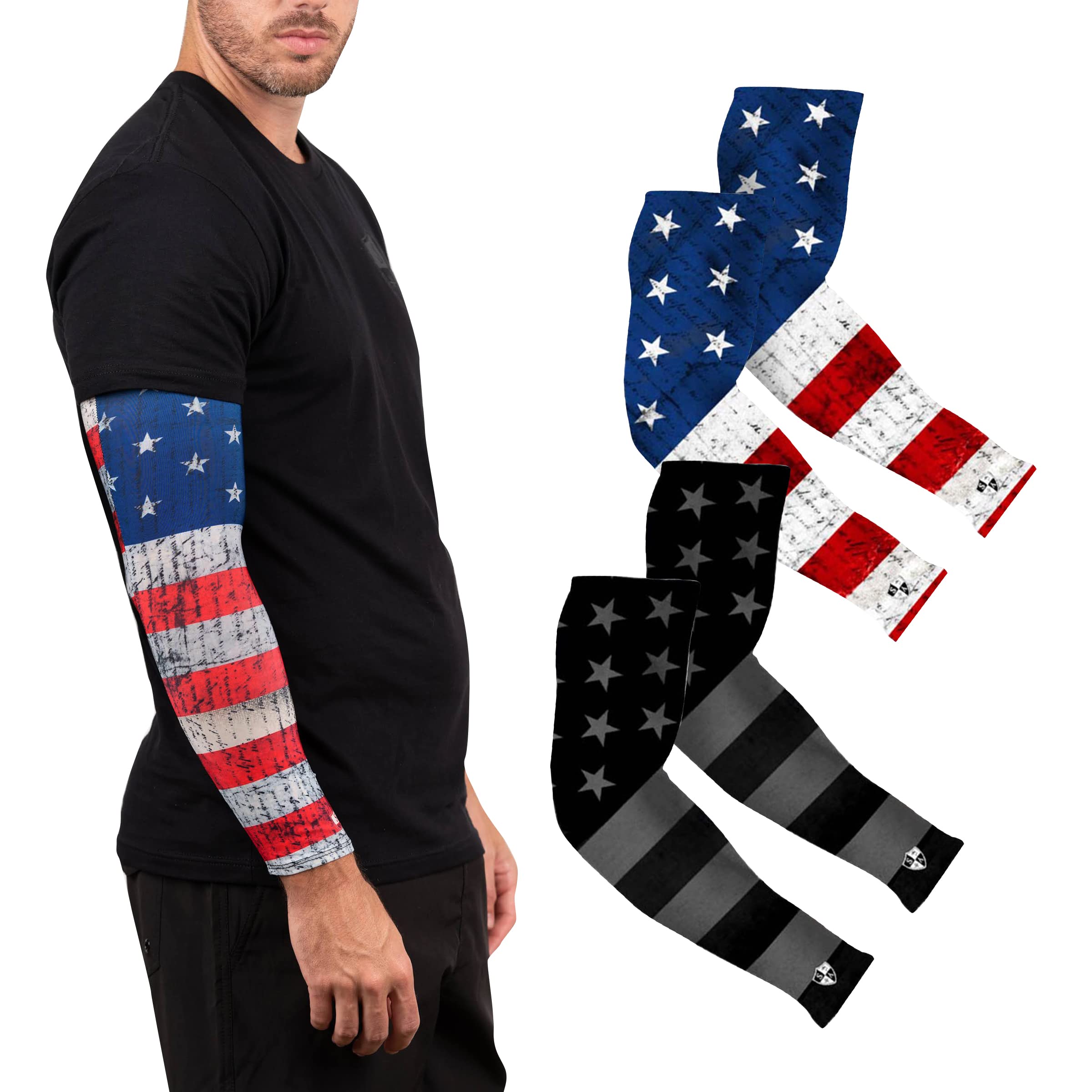 S A Compression Arm Sleeve UV 30+ Sun Protection, Moisture Wicking, 4-Way Stretch | American Flag, Blackout American Flag | 4 Pack