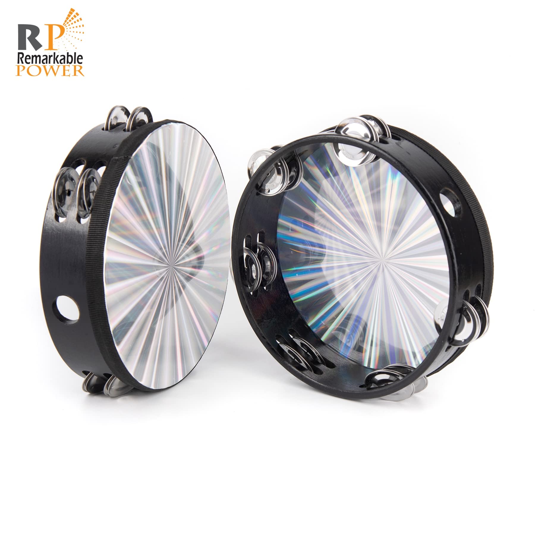 RP Remarkable Power, 2 Pack 8 Inch Radiant Tambourine Wooden Hand Held Drum Double Row Jingles Reflective for Church KYV Party