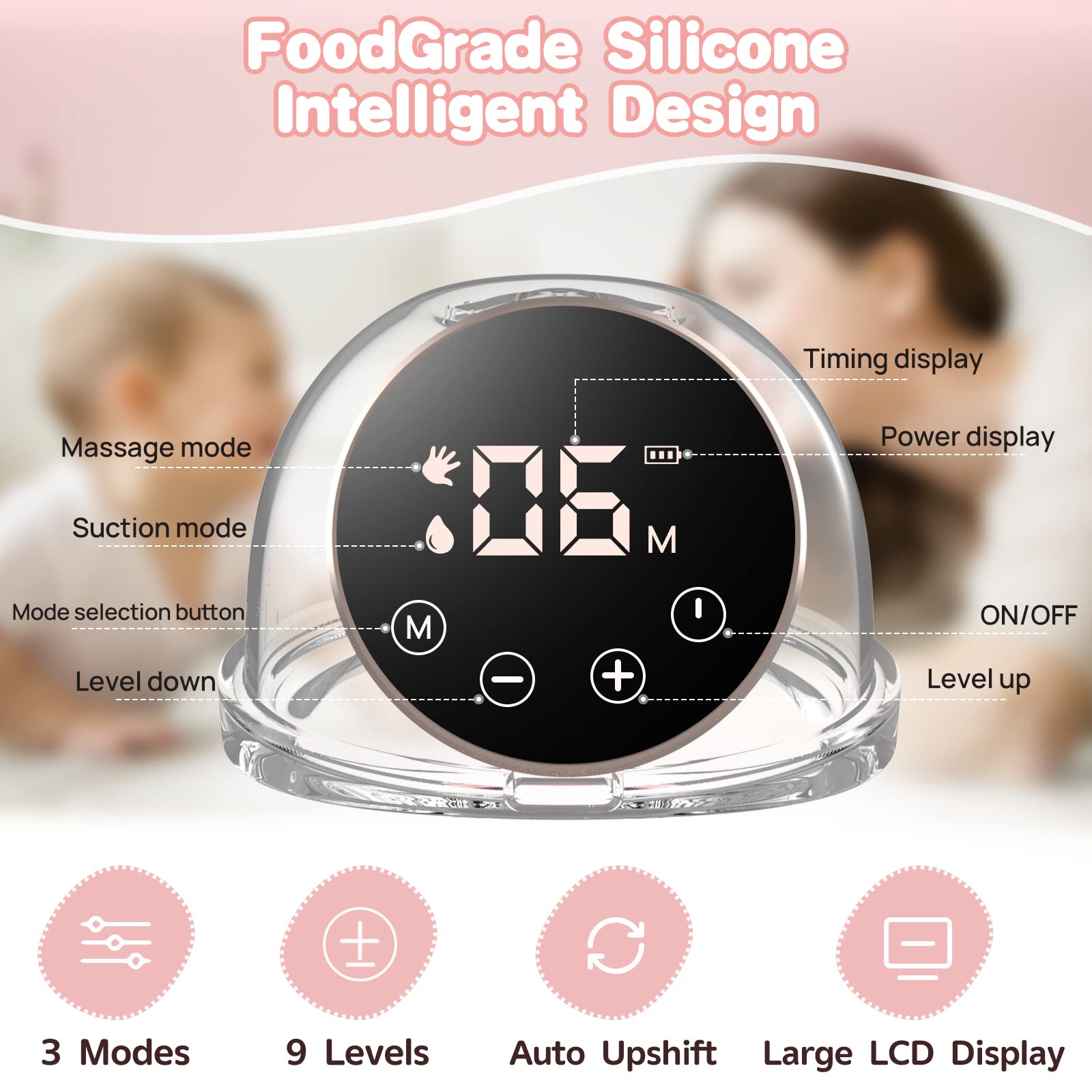 Wearable Breast Pump, AUKZON Electric - Hands Free Breast Pump, with 3 Modes & 9 Levels, Low Noise & LCD Screen, Portable, Rechargeable, 24mm Flange