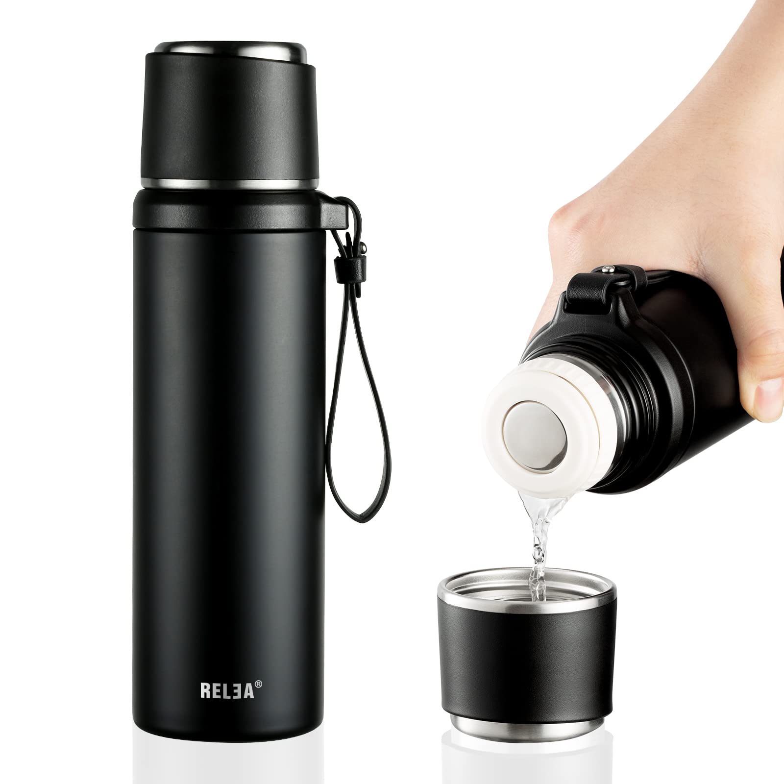 RELEA Stainless Steel Water Bottle Vacuum Coffee Thermos with Leakproof Lid & Handle Double Walled Coffee Cup, Hot & Cold for Hours (17 OZ, Black)