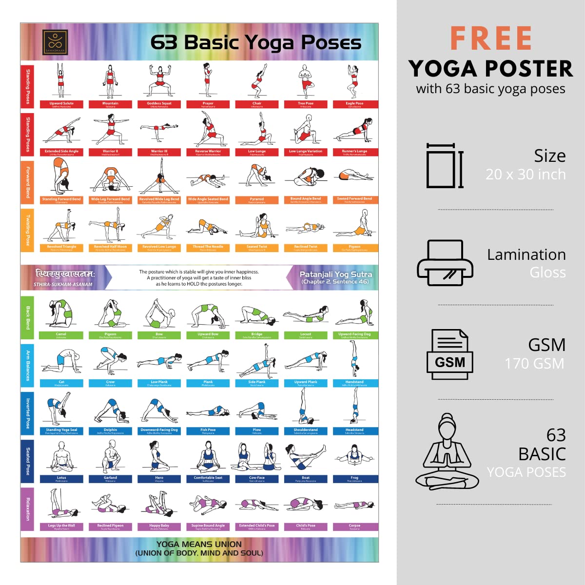 TPE Yoga Mat with Body Alignment Lines | Yoga Mat with Mesh Storage Bag, Carrier Sling and Yoga Poster (Pink)