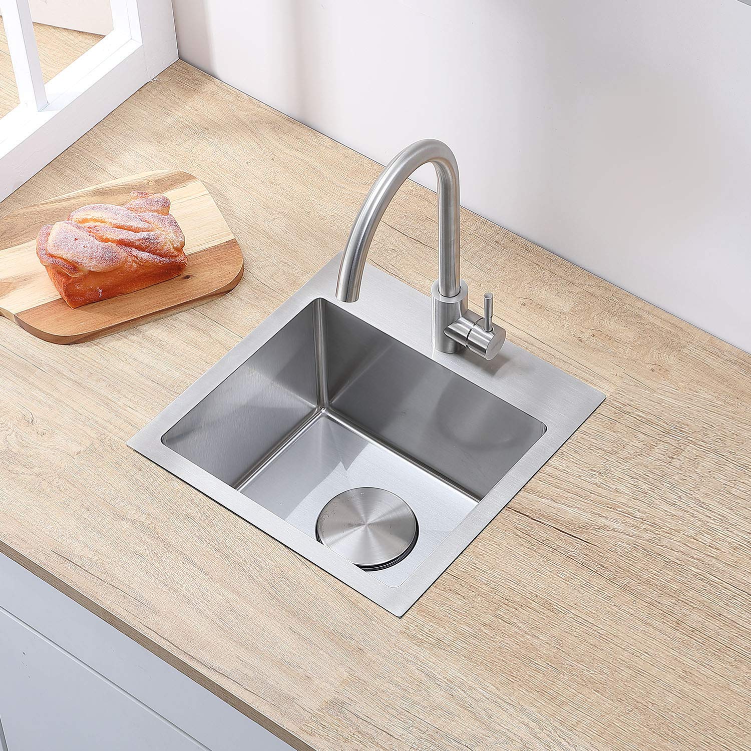 VAPSINT 15x15 inch 304 Stainless Steel Drop in Wet Bar Sink,Single Bowl Topmount Prep Rv Small Kitchen Sink with Grid and Drain