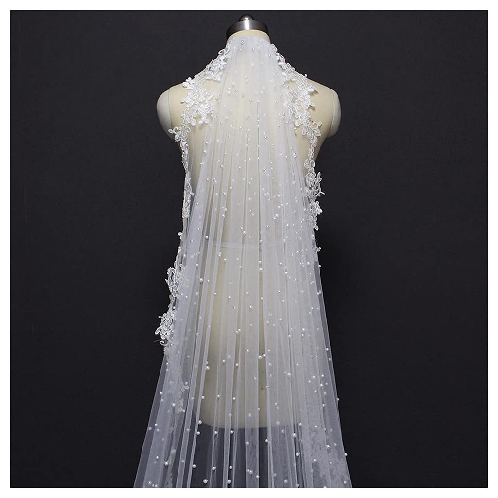 Ts Pearls Wedding Veil, with Lace Appliques Edge 2.5 Meters Long Bridal Veil, with Comb 250CM Veil for Bride (Color : White, Item Length : 250cm)