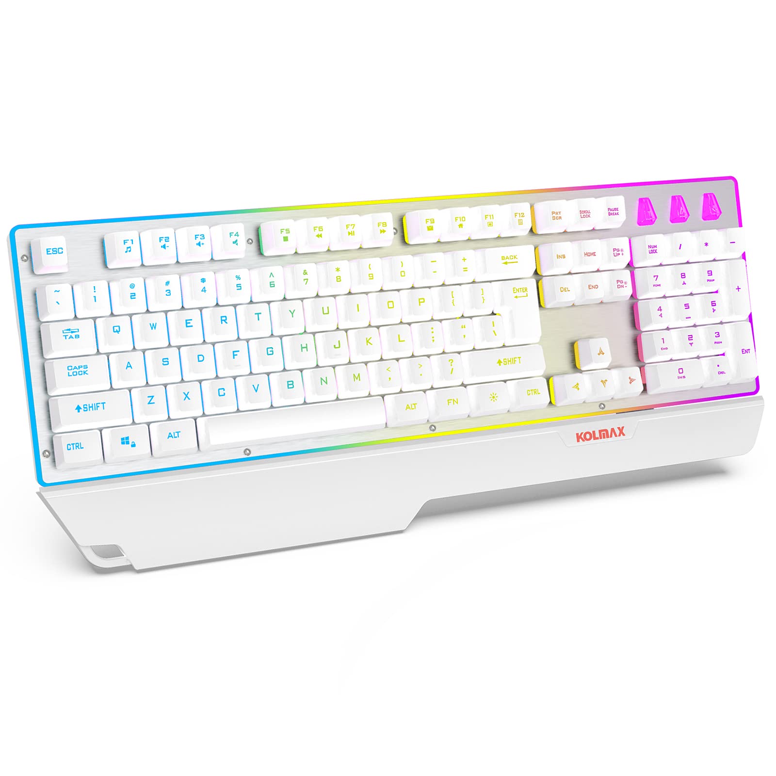 White Gaming Keyboard Colorful Rainbow Backlit Keyboard with Ergonomic Detachable Wrist Rest,Transparent Aluminum Panel Keyboard with Mechanical Feeling 104 Keys for PC PS4 Xbox Mac Office/Gaming