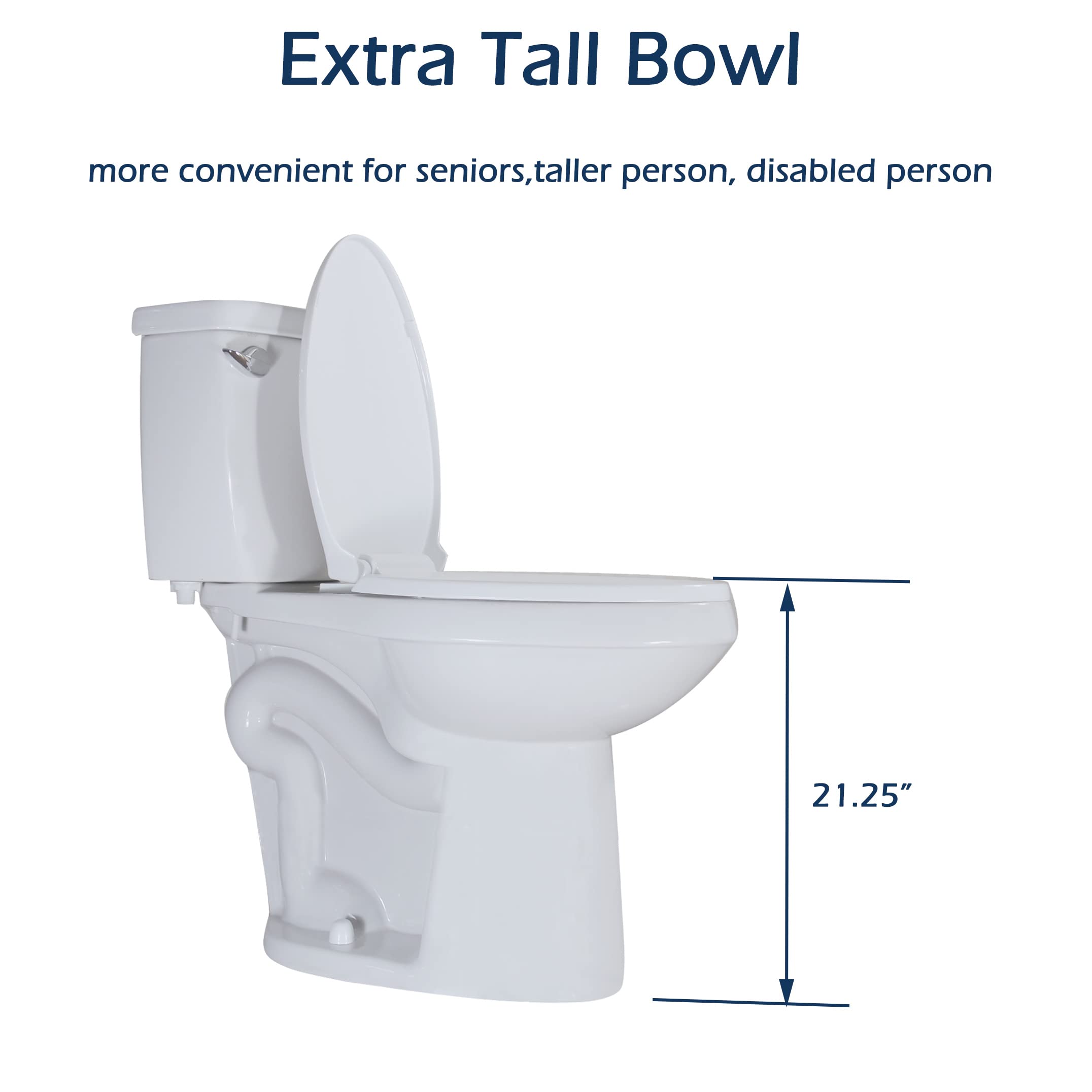 WinZo WZ5888C Extra Taller Two Piece Toilet Elongated Bowl with 21.25" Seat Height,1.28 GPF Front Flush for Seniors, White