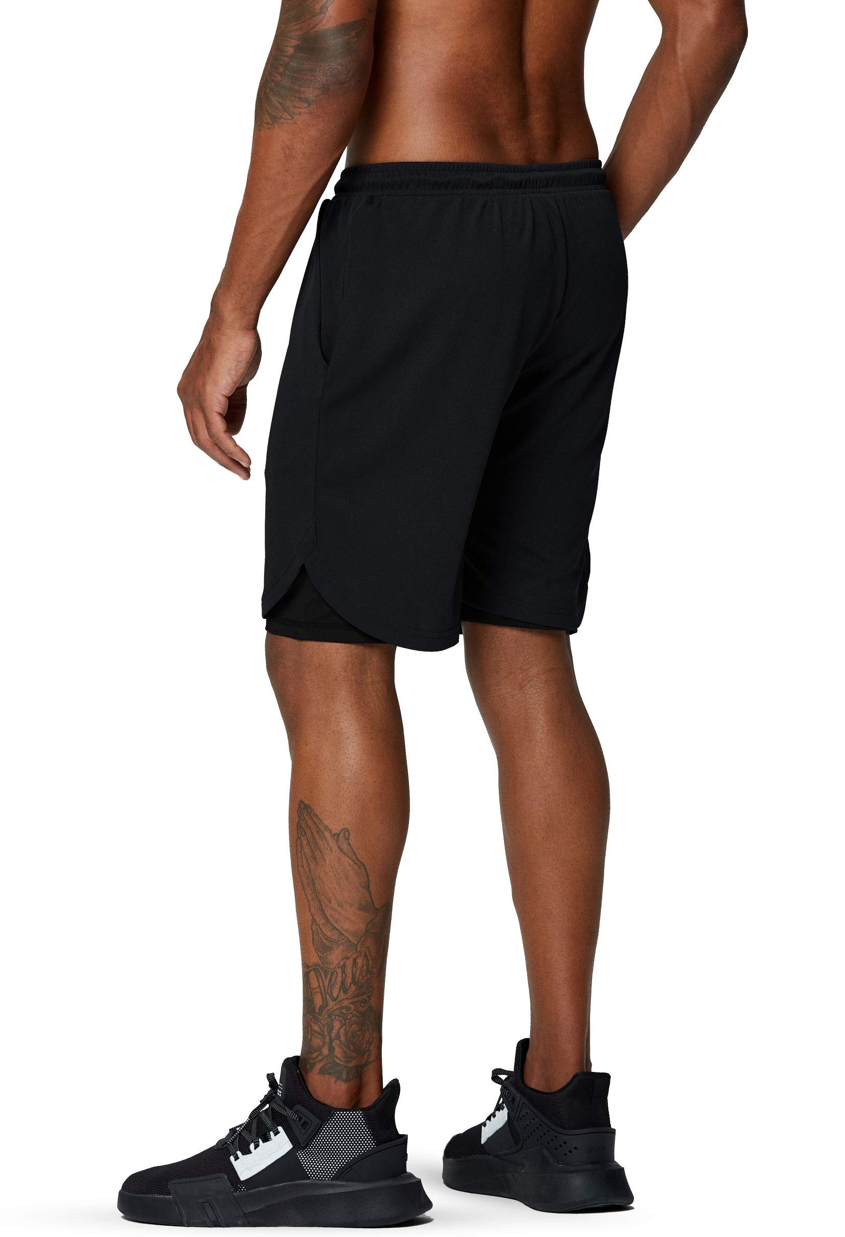Pinkbomb Men's 2 in 1 Running Shorts Gym Workout Quick Dry Mens Shorts with Phone Pocket (Black, Large)