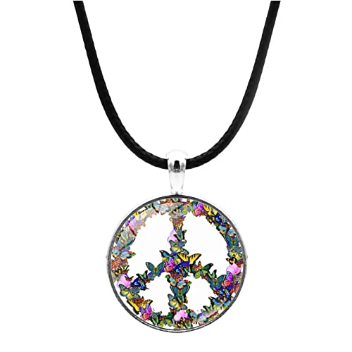 Stainless Steel Classic Peace Sign Love Hippie Pendant Butterfly winding Necklace
